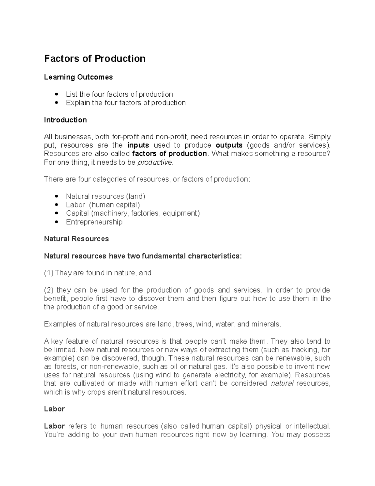 Factors Of Production Factors Of Production Learning Outcomes List