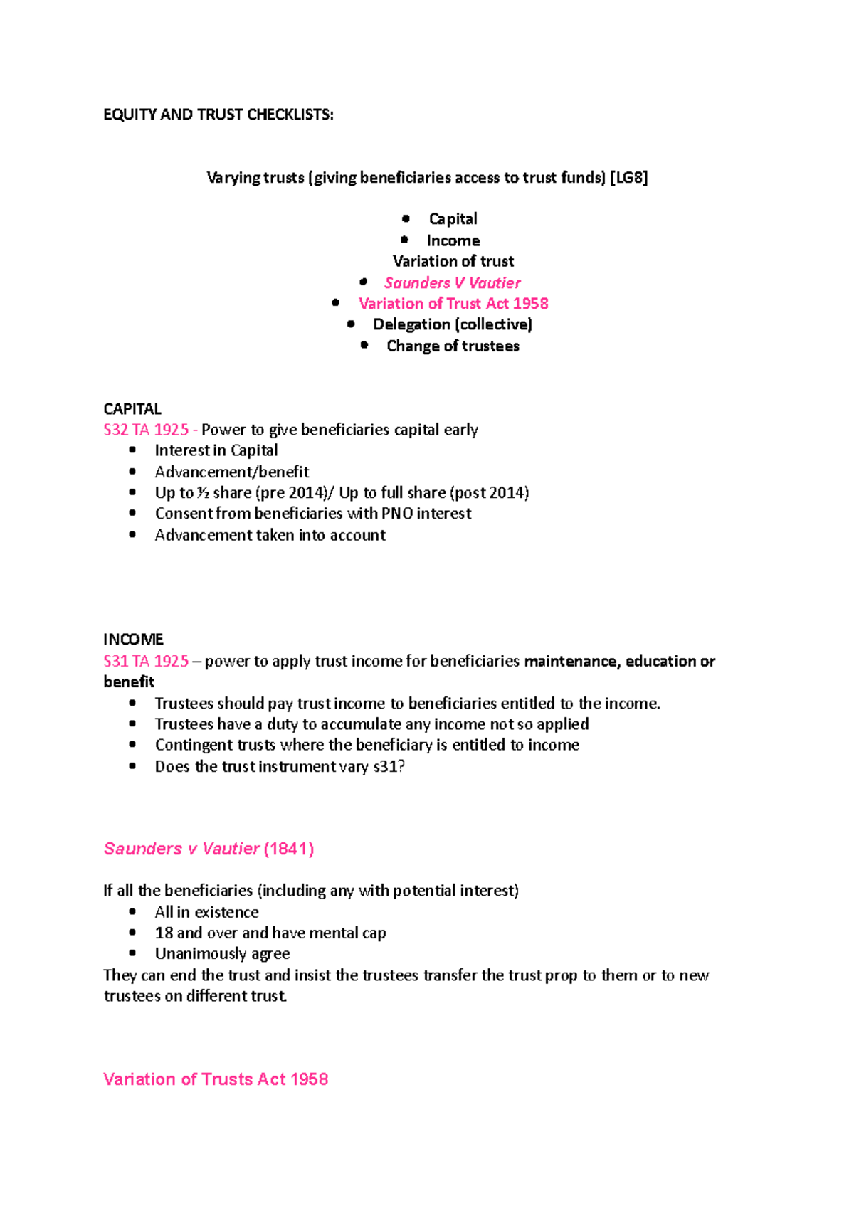Checklists - Checklist for equity and trusts - week 8 - EQUITY AND ...