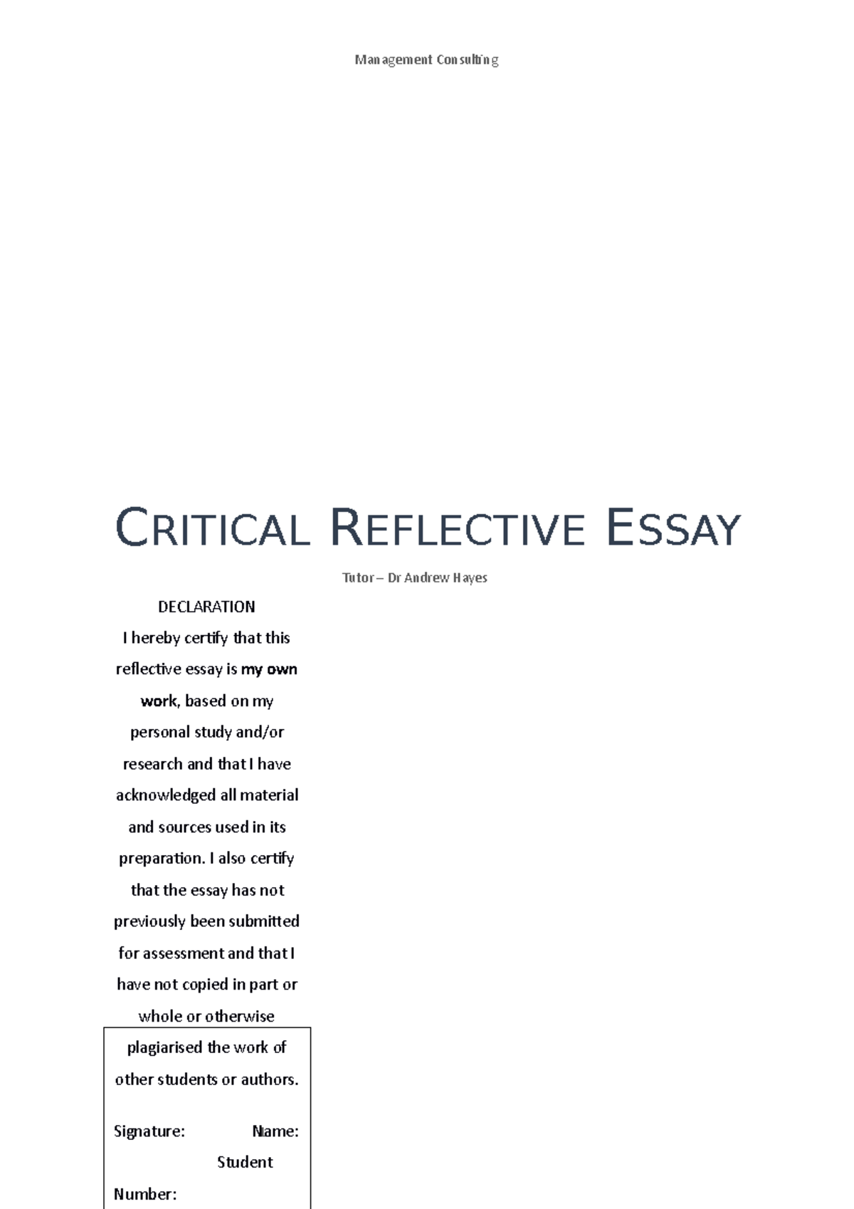 Critical Reflective Essay - CRITICAL REFLECTIVE ESSAY Tutor – Dr Andrew ...