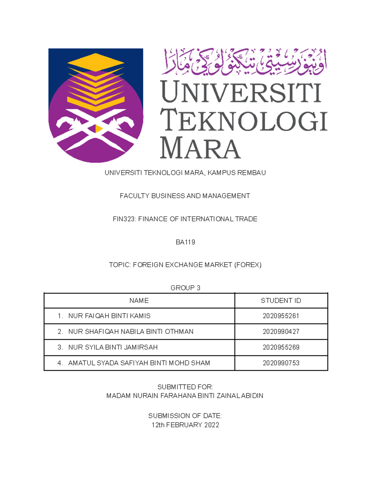 Report FIN323- Group 3 - UNIVERSITI TEKNOLOGI MARA, KAMPUS REMBAU ...