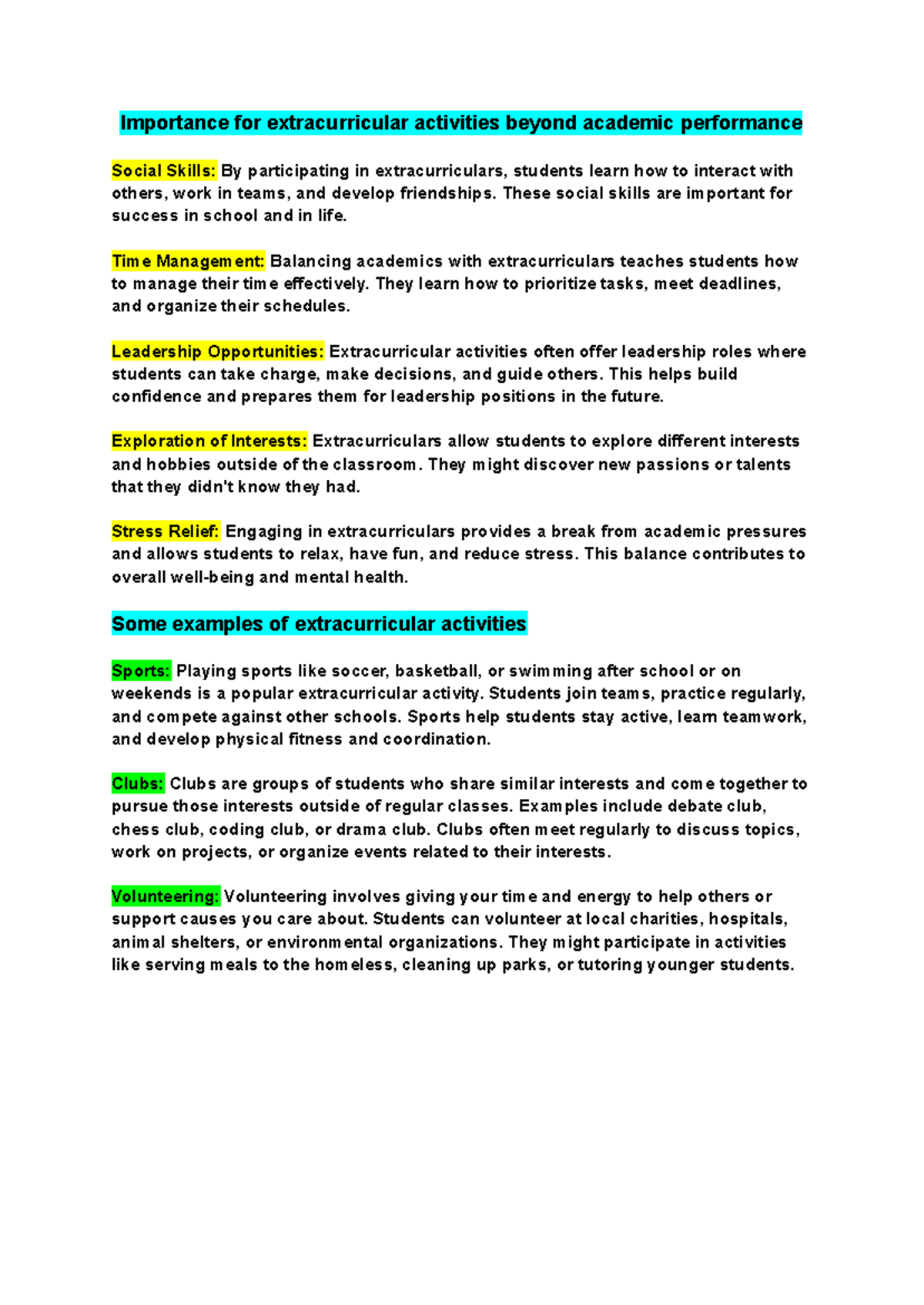 Importance for extracurricular activities beyond academic performance ...