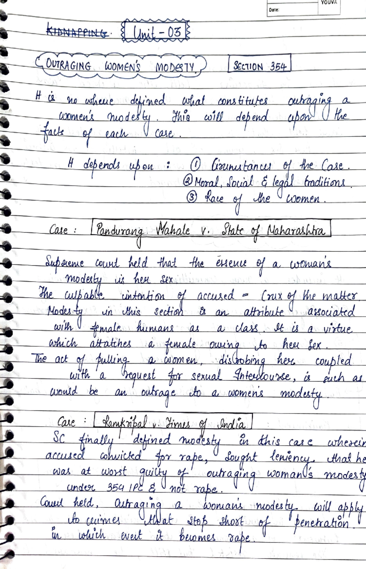 Nandani IPC Unit 3 - jnobuviy - YOUVA Date: KIDNAPPING Unit 03 C OUTRAGING MODESTY SECTION 354 H ...