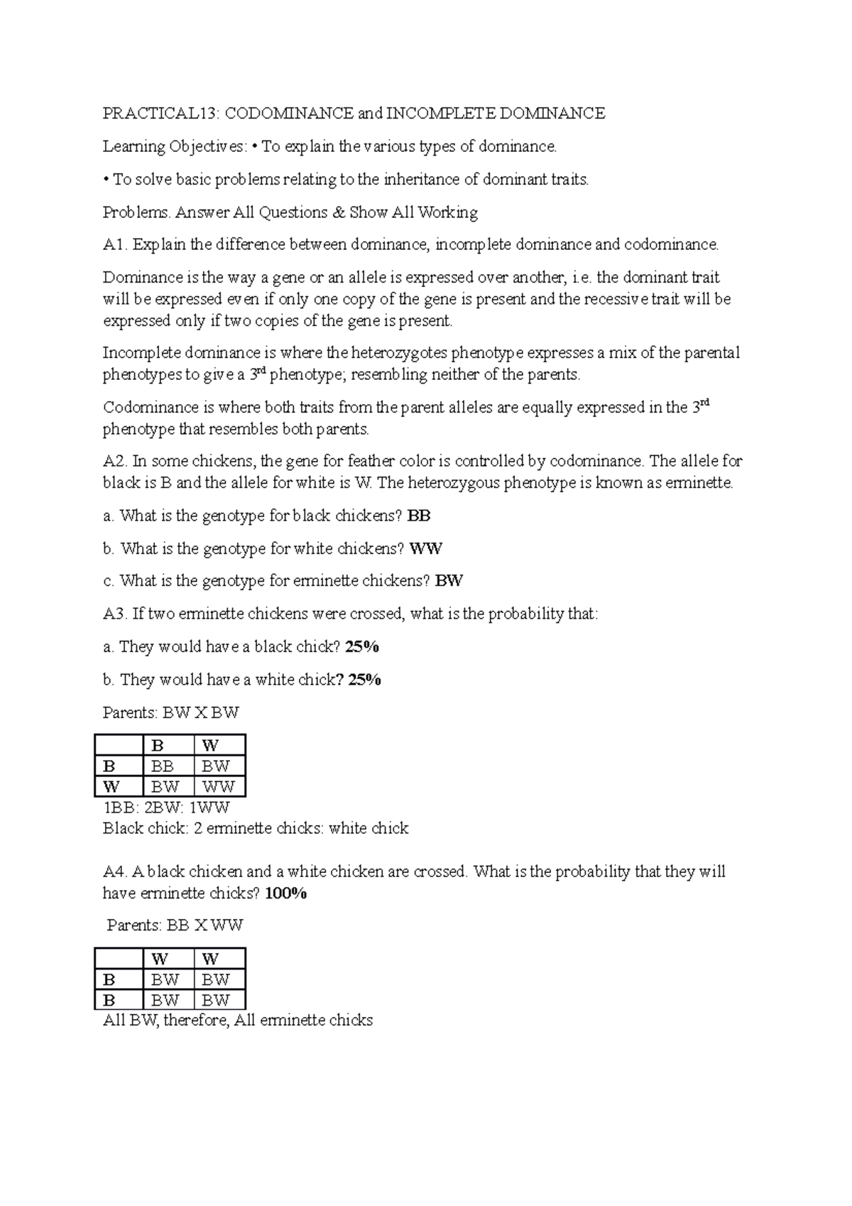 LAB Worksheet #13 - genetics - PRACTICAL13: CODOMINANCE and INCOMPLETE ...
