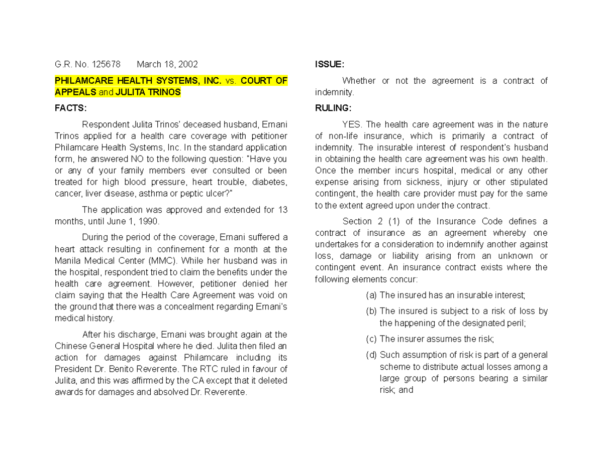 Insurance-Law-Compiled - G. No. 125678 March 18, 2002 PHILAMCARE HEALTH ...