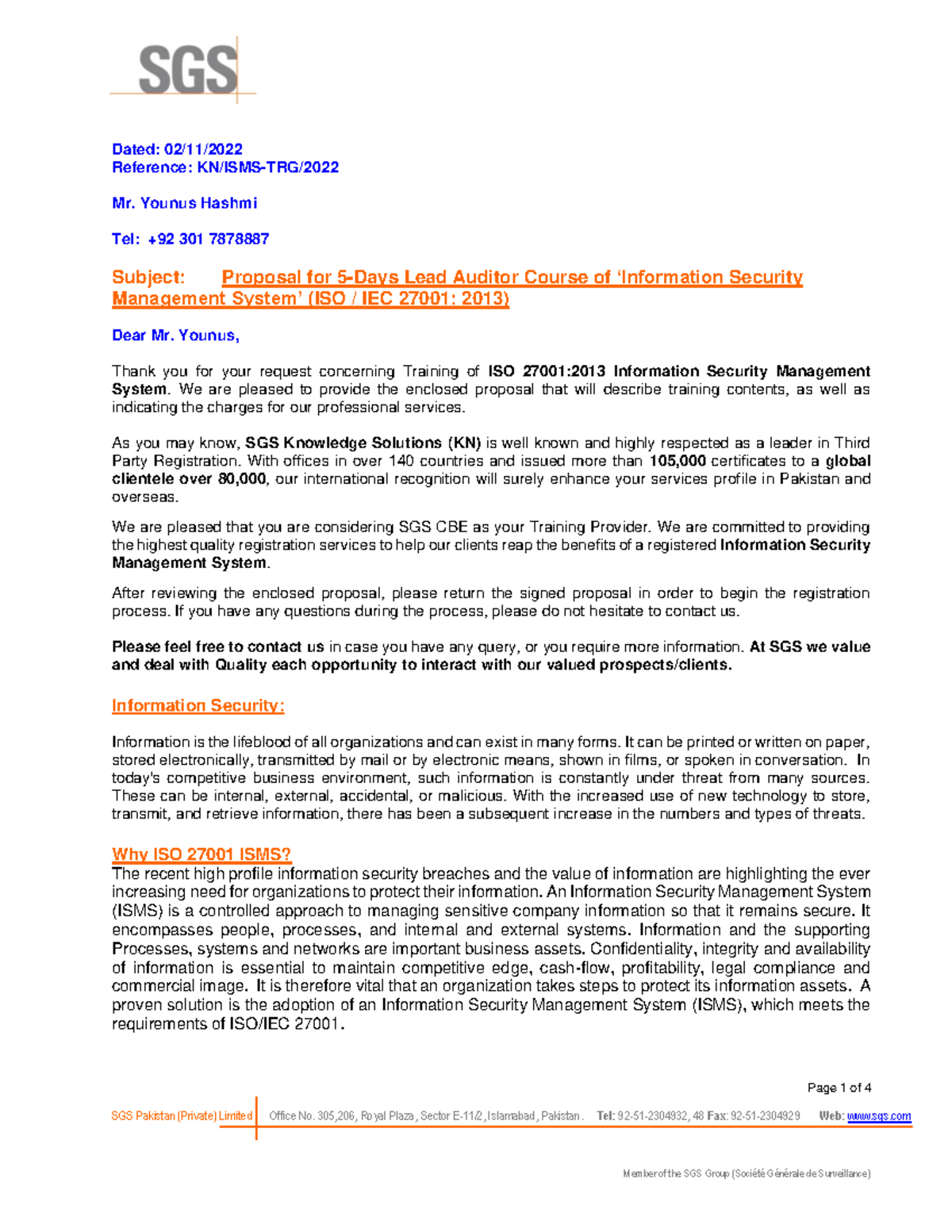 ISO 27001 ISMS LAC - Training Proposal - Page 1 of 4 SGS Pakistan ...