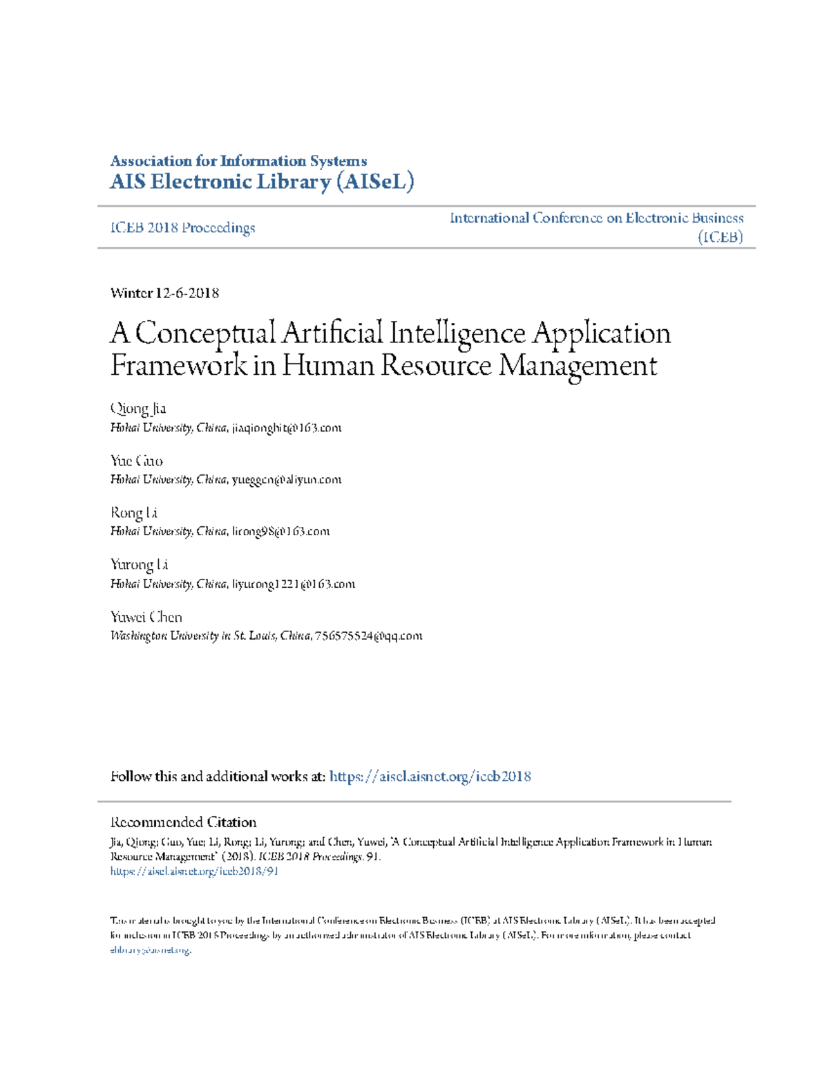 Conceptual framework for AI n HRM - Association for Information Systems ...
