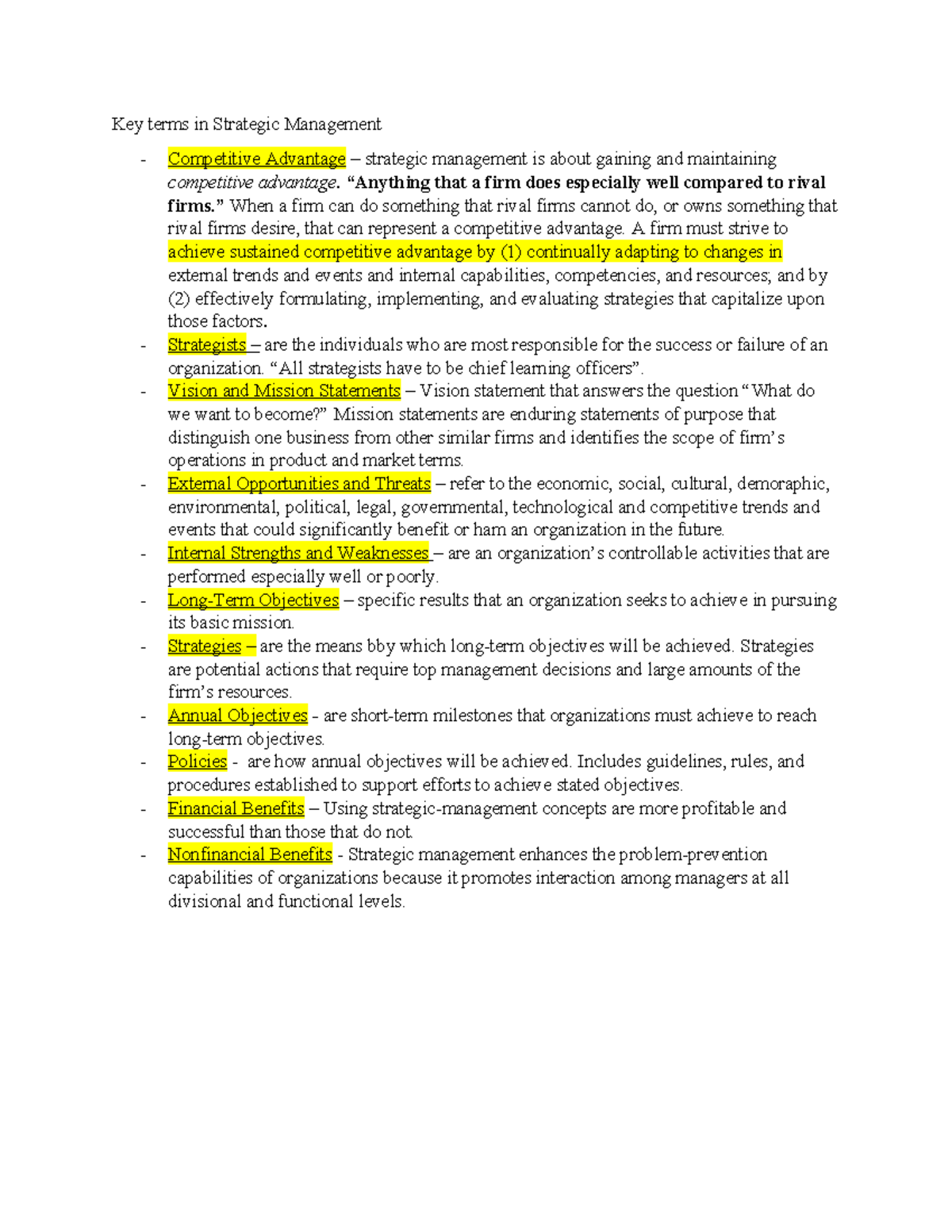 Stratma 100 Chapter 2 3 - REVIEWER - Key terms in Strategic Management ...