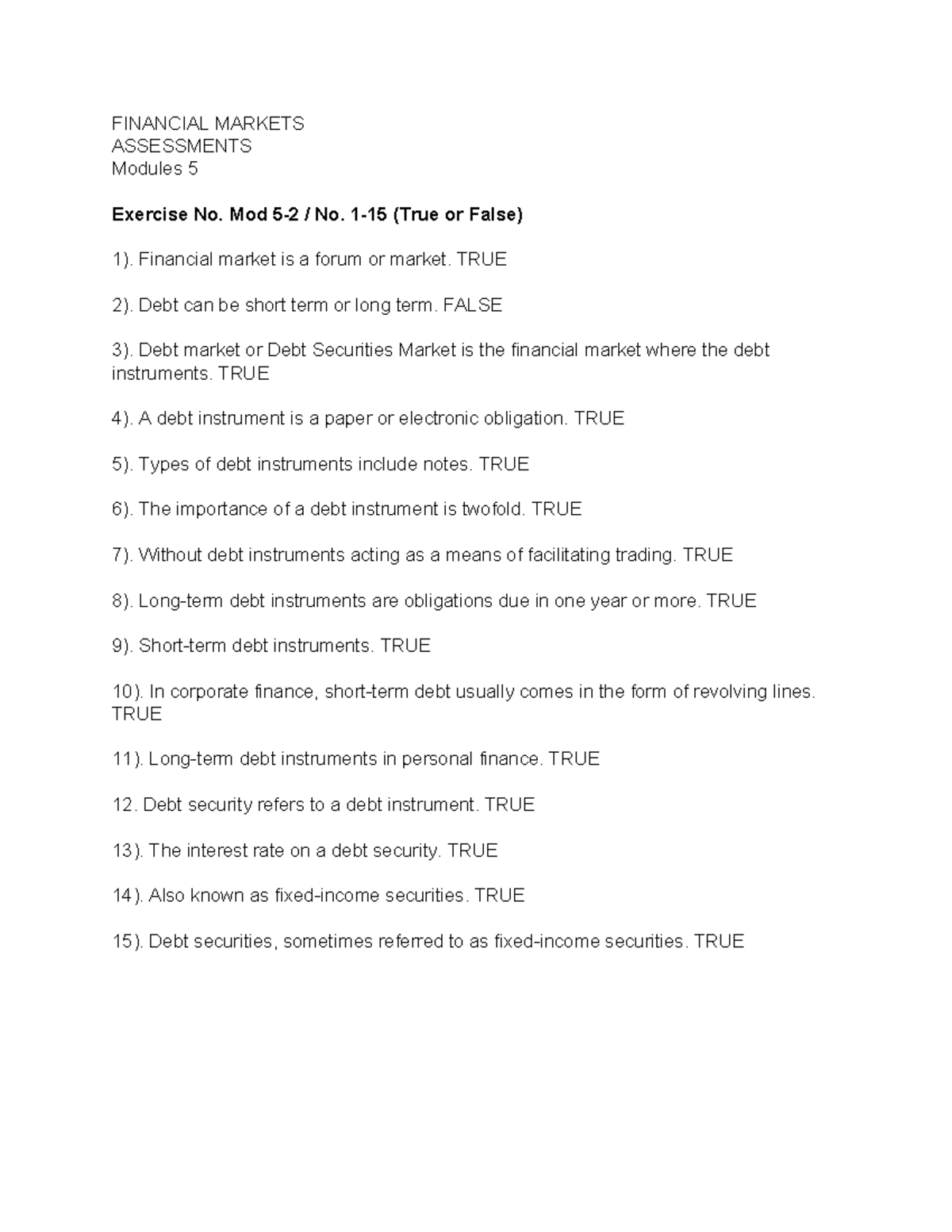 Finmart Assessments - FINANCIAL MARKETS ASSESSMENTS Modules 5 Exercise ...