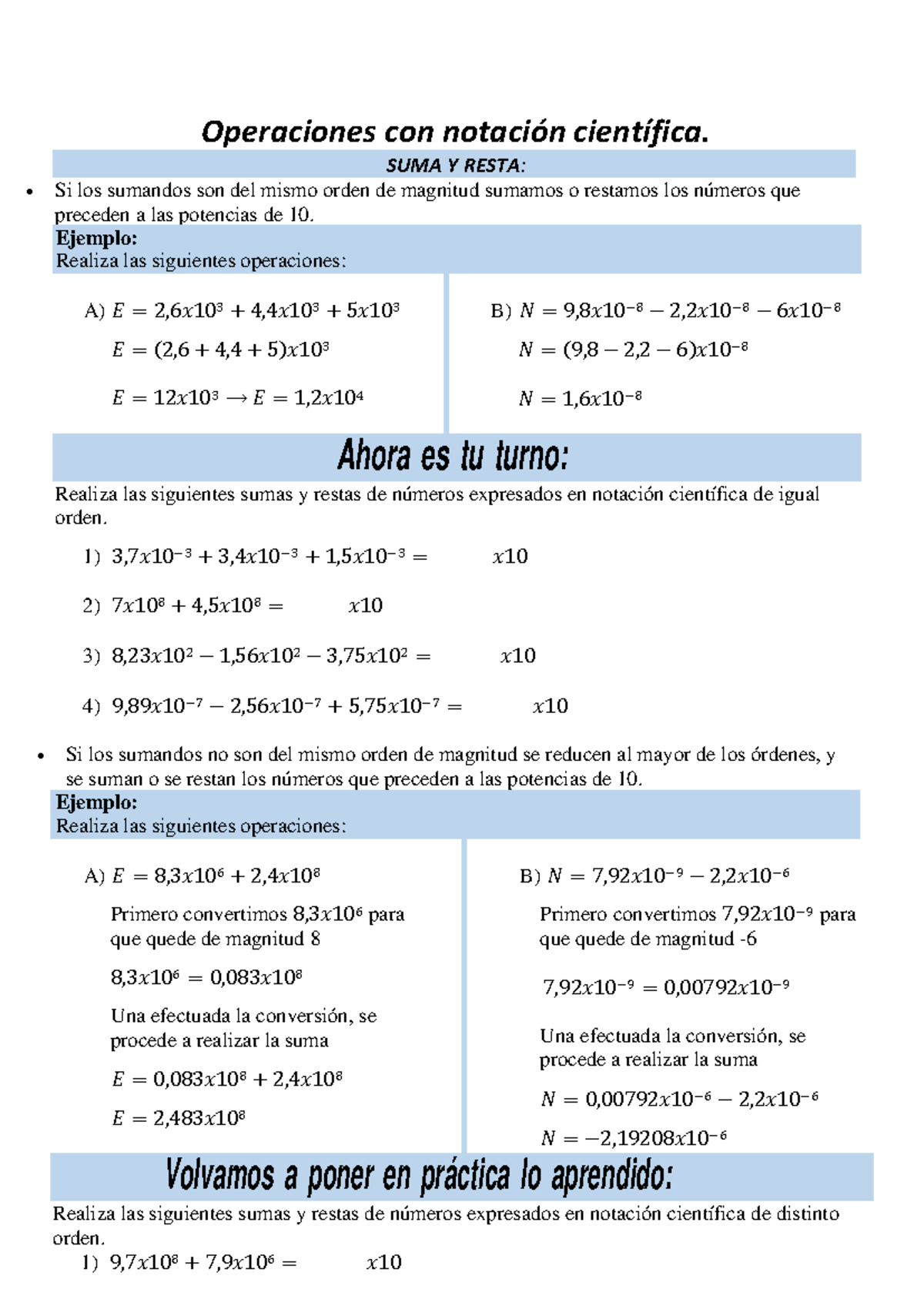 Taller de Operaciones con Notacion Cientifica - = Operaciones con notación científica. SUMA Y ...