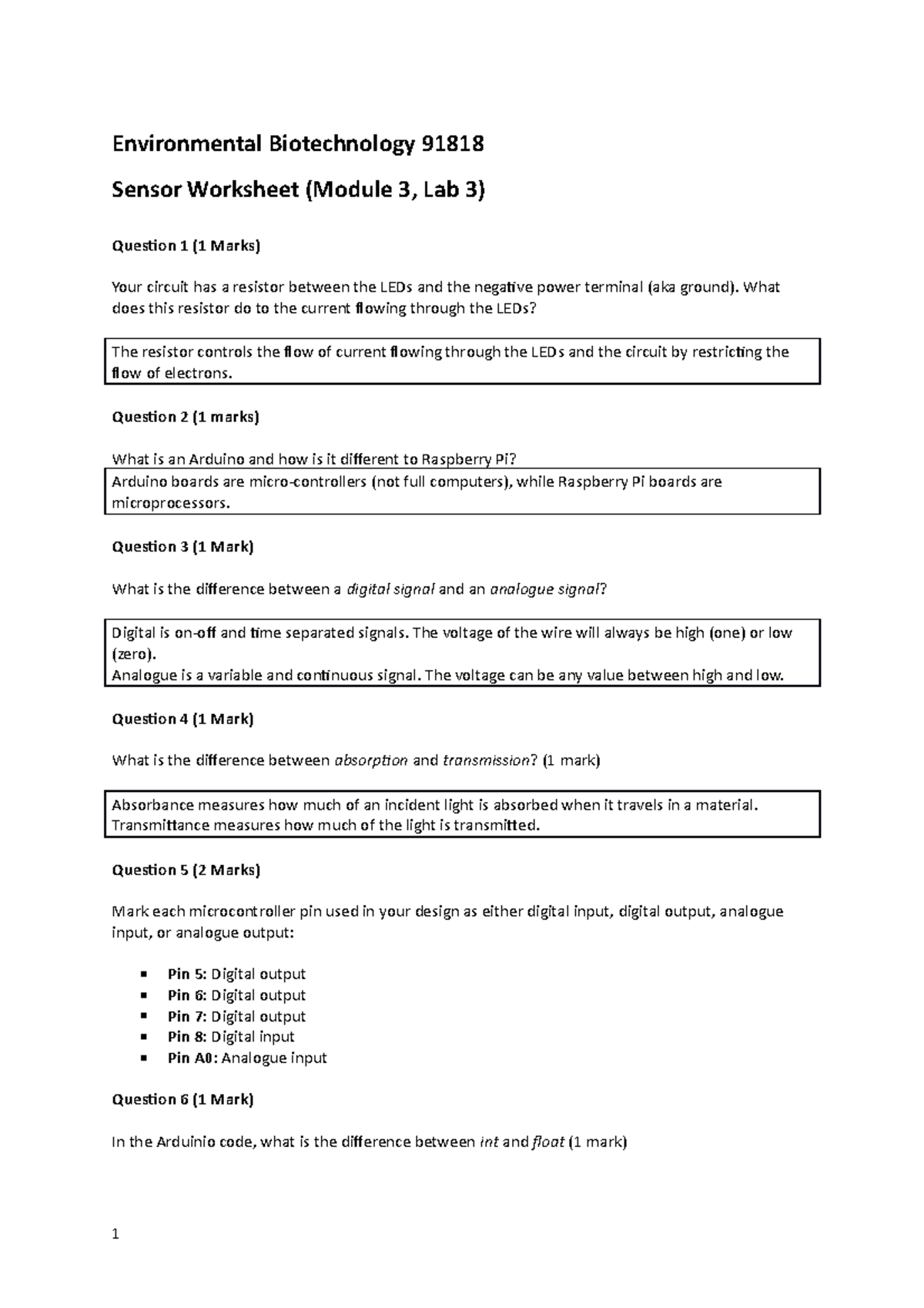 Environmental Biotechnology Sensor Worksheet - Studocu