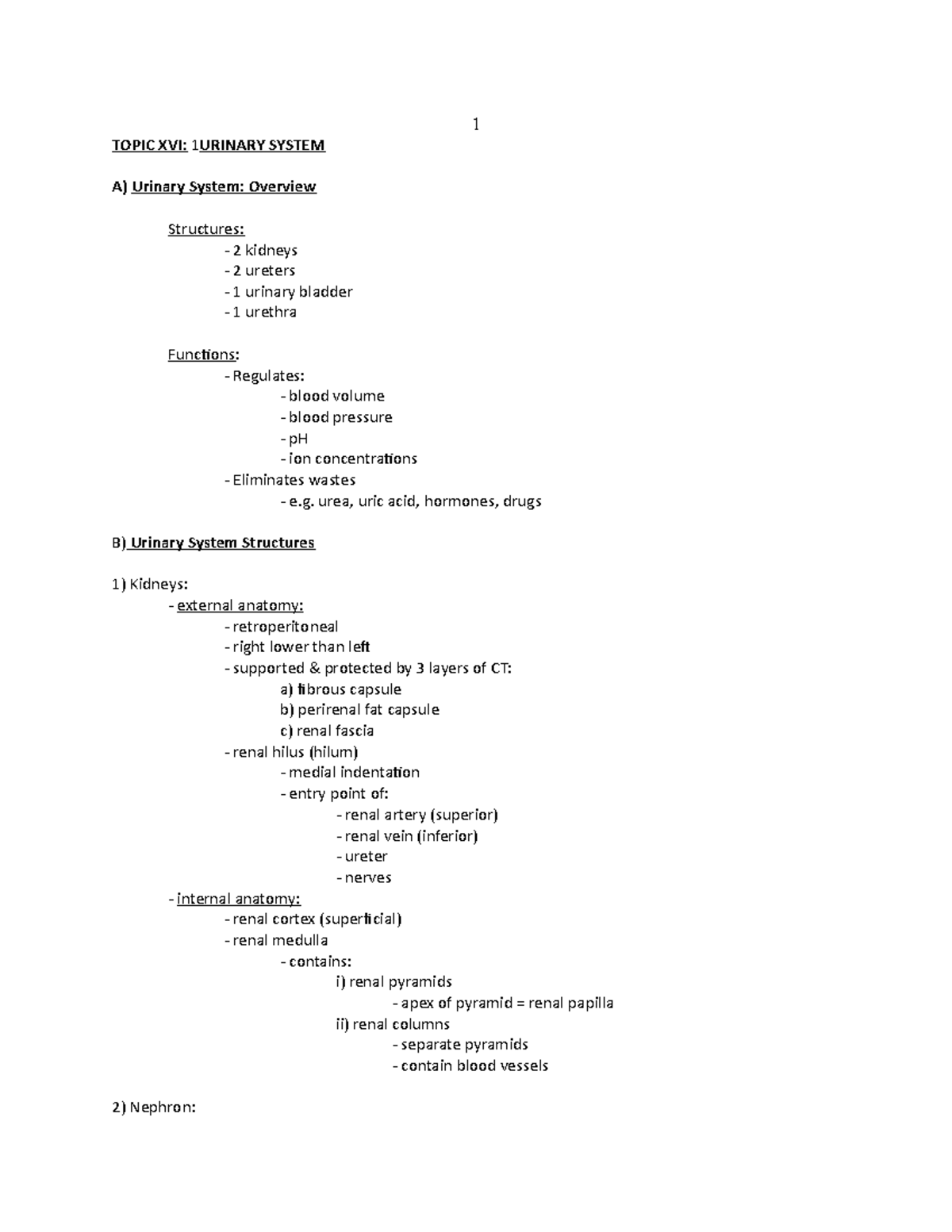 16 - Topic XVI Urinary System - 1 TOPIC XVI: 1URINARY SYSTEM A) Urinary ...