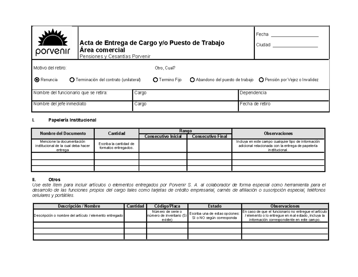 Formato acta de entrega de cargo comercial - Acta de Entrega de Cargo y ...