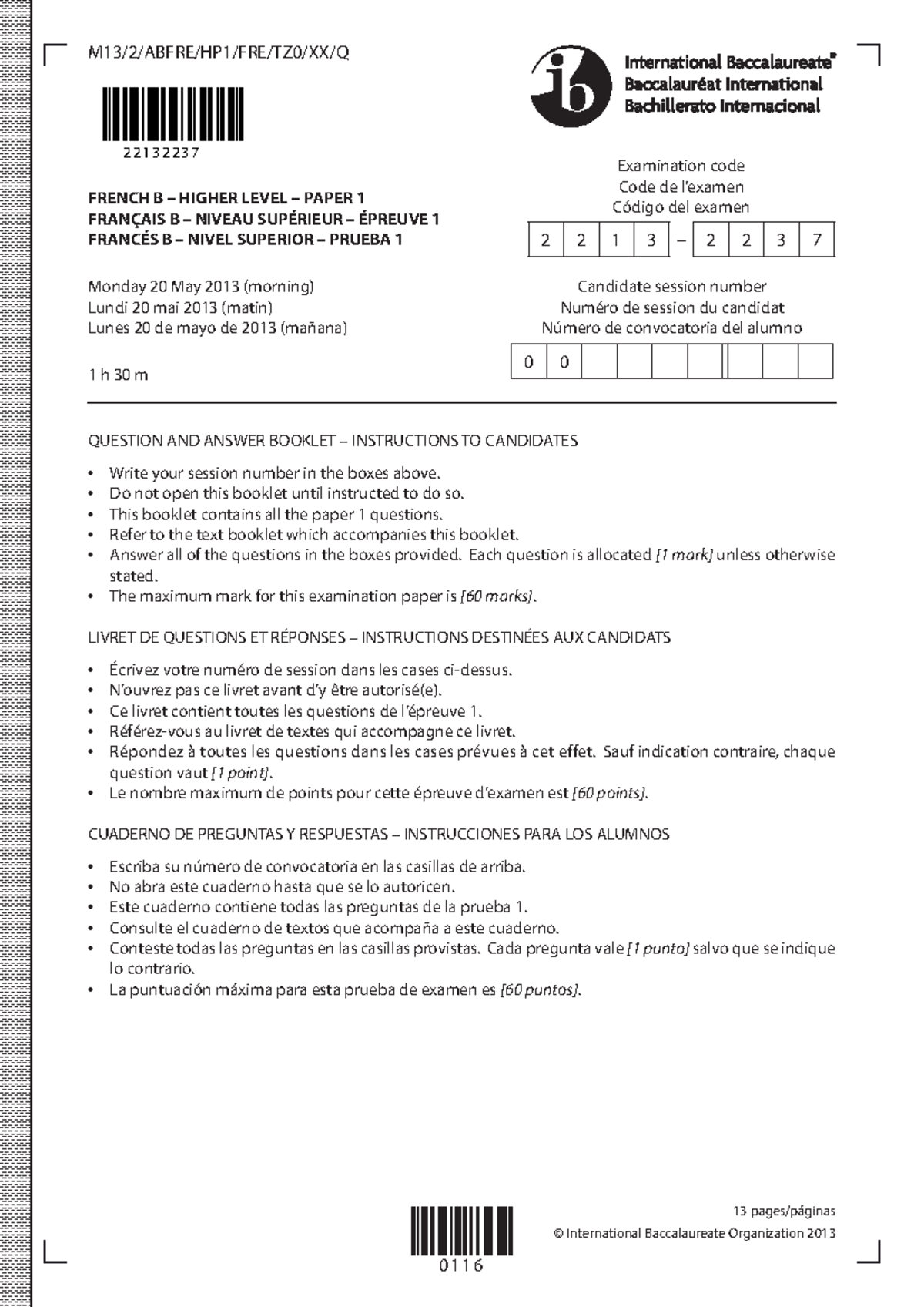 French B HL paper 1 question booklet - 13 pages/páginas M13/2/ABFRE/HP1 ...