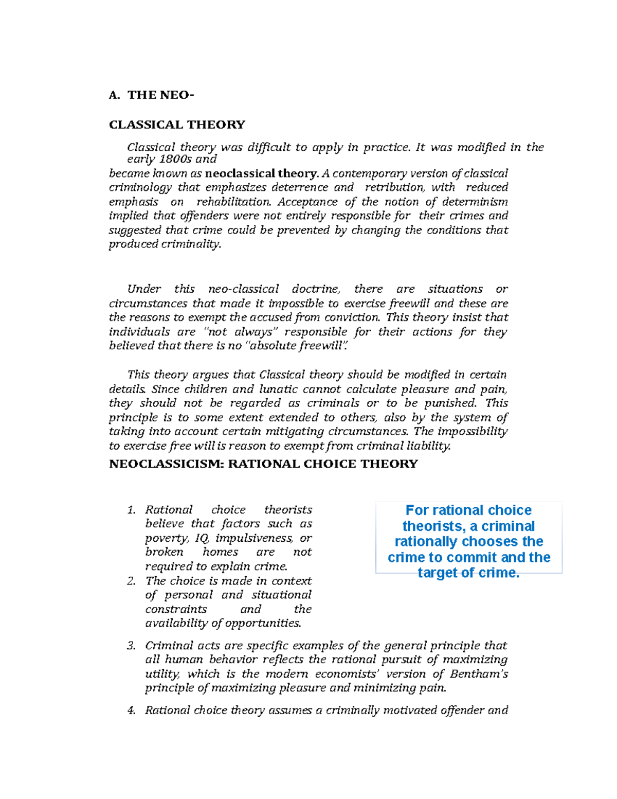 THE NEO - THE NEO - A. THE NEO- CLASSICAL THEORY Classical theory was ...