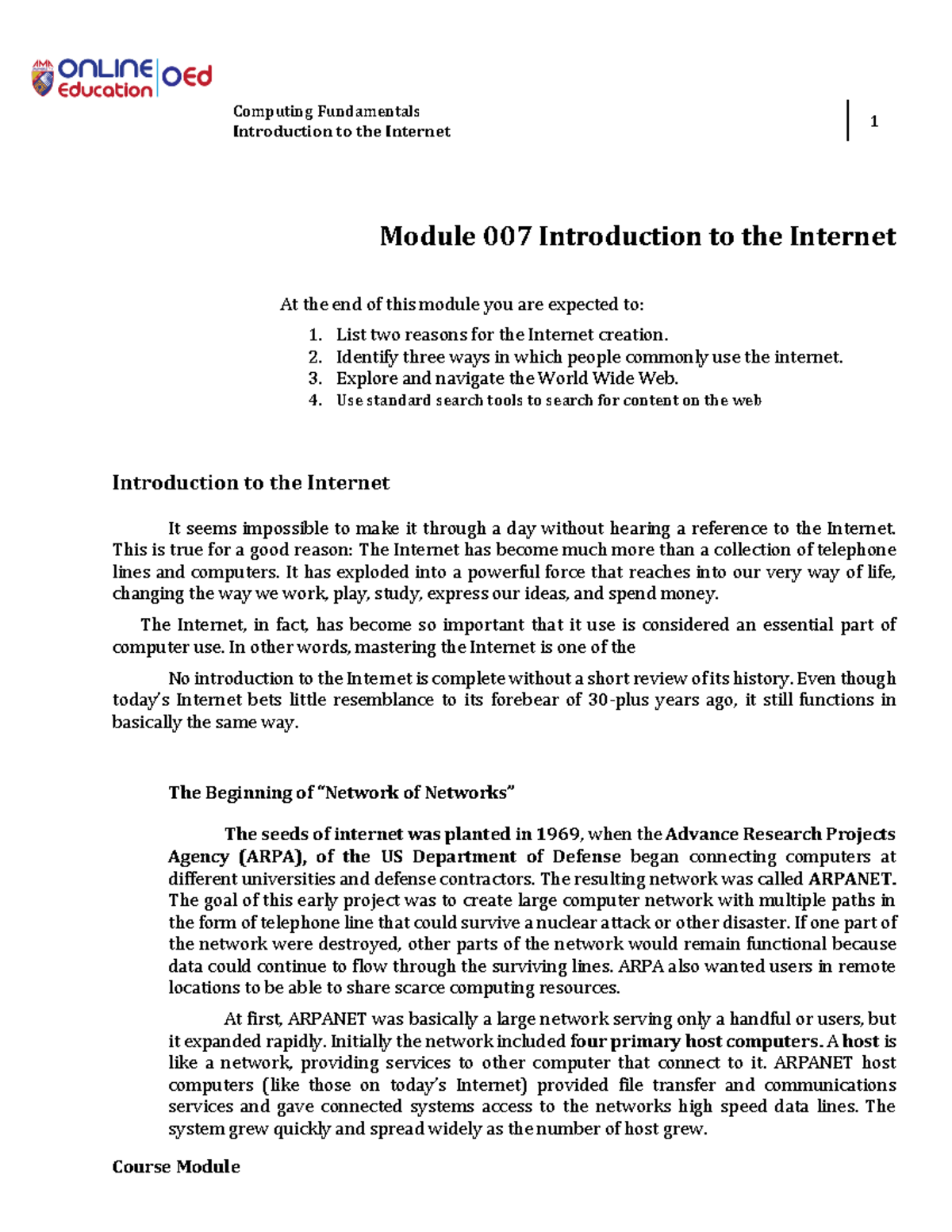 Week 9 - Introduction to the Internet - Computing Fundamentals Introduction to the Internet 1 ...