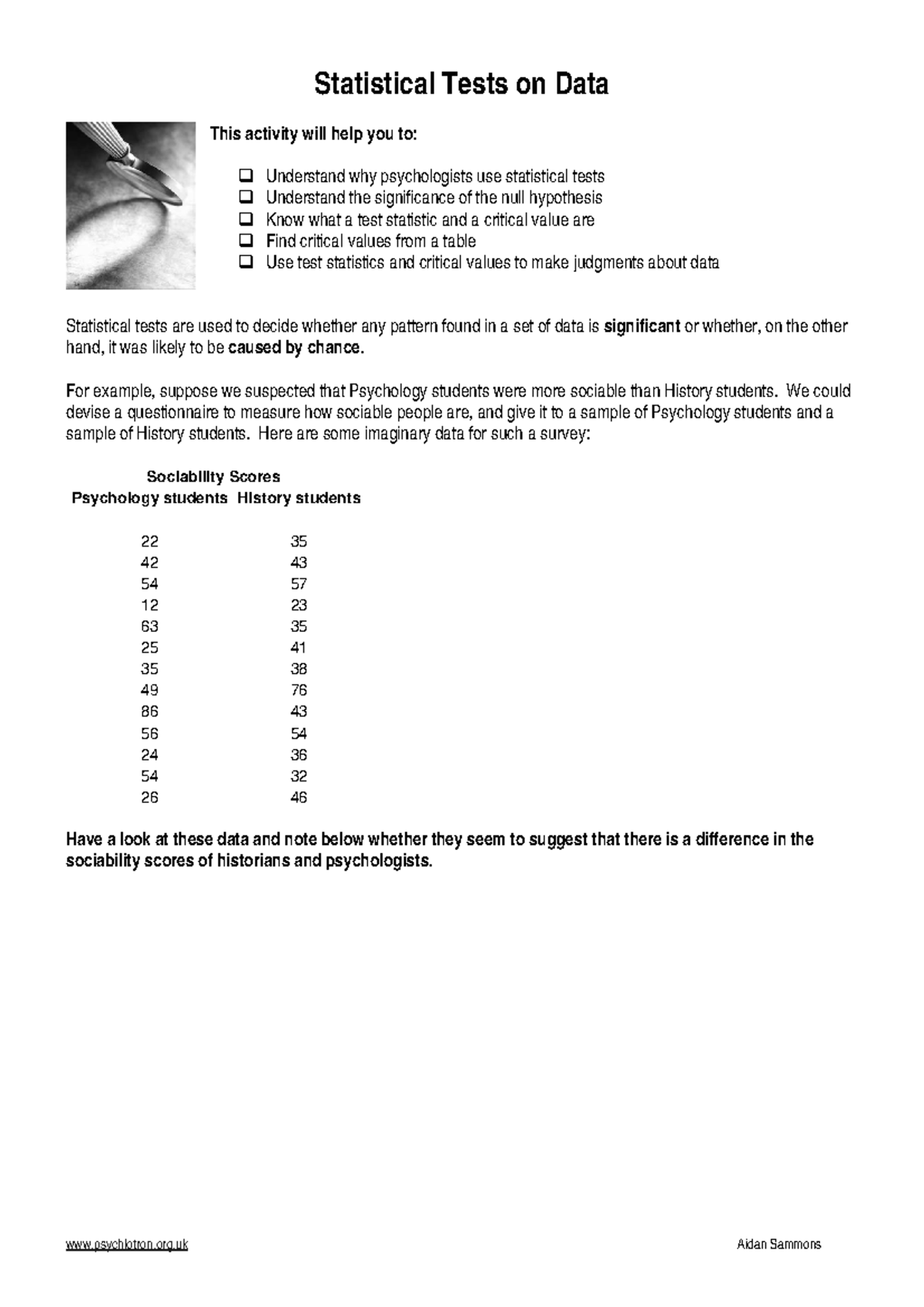 Worksheet - practise - Statistical Tests on Data This activity will ...