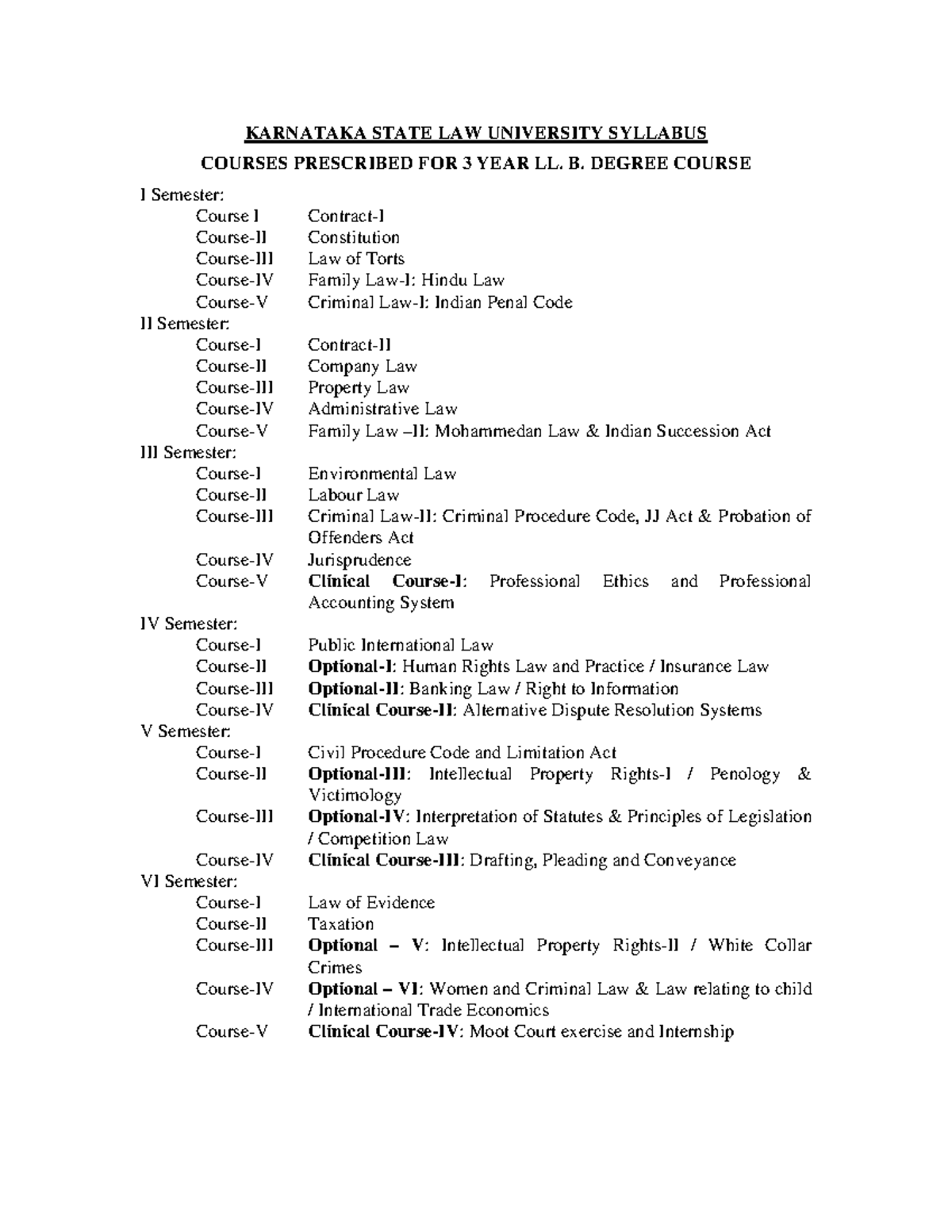 KSLU LLB 3rd Year Syllabus KARNATAKA STATE LAW UNIVERSITY SYLLABUS