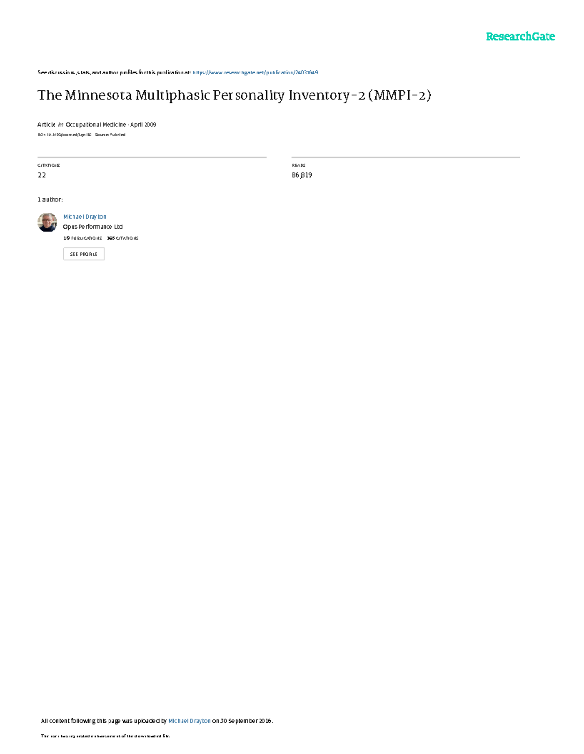 The Minnesota Multiphasic Personality Inventory-2 - See discussions ...