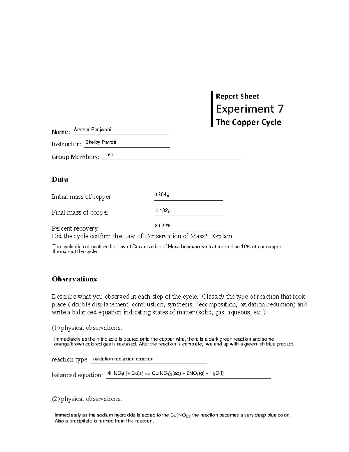 Copper Cycle report sheet - Report Sheet Experiment 7 The Copper Cycle ...