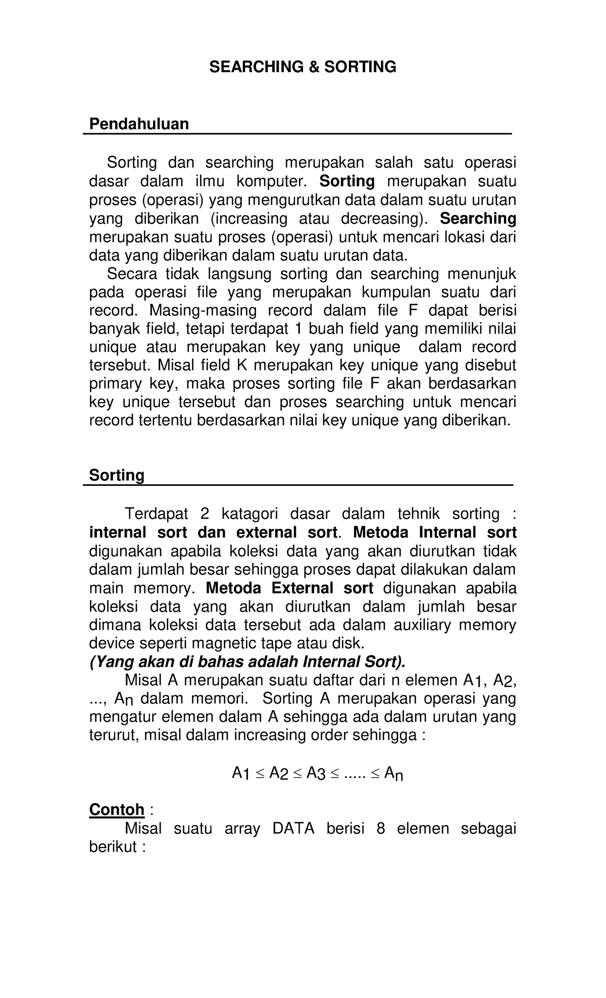BAB 8 9-transparan - Struktur Data - SEARCHING & SORTING Pendahuluan Sorting dan searching - Studocu