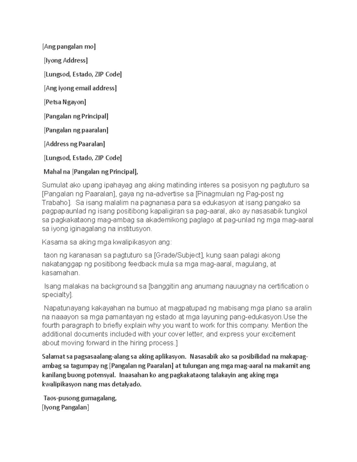 Teacher application letter format (Filipino) - [Ang pangalan mo] [Iyong Address] [Lungsod ...