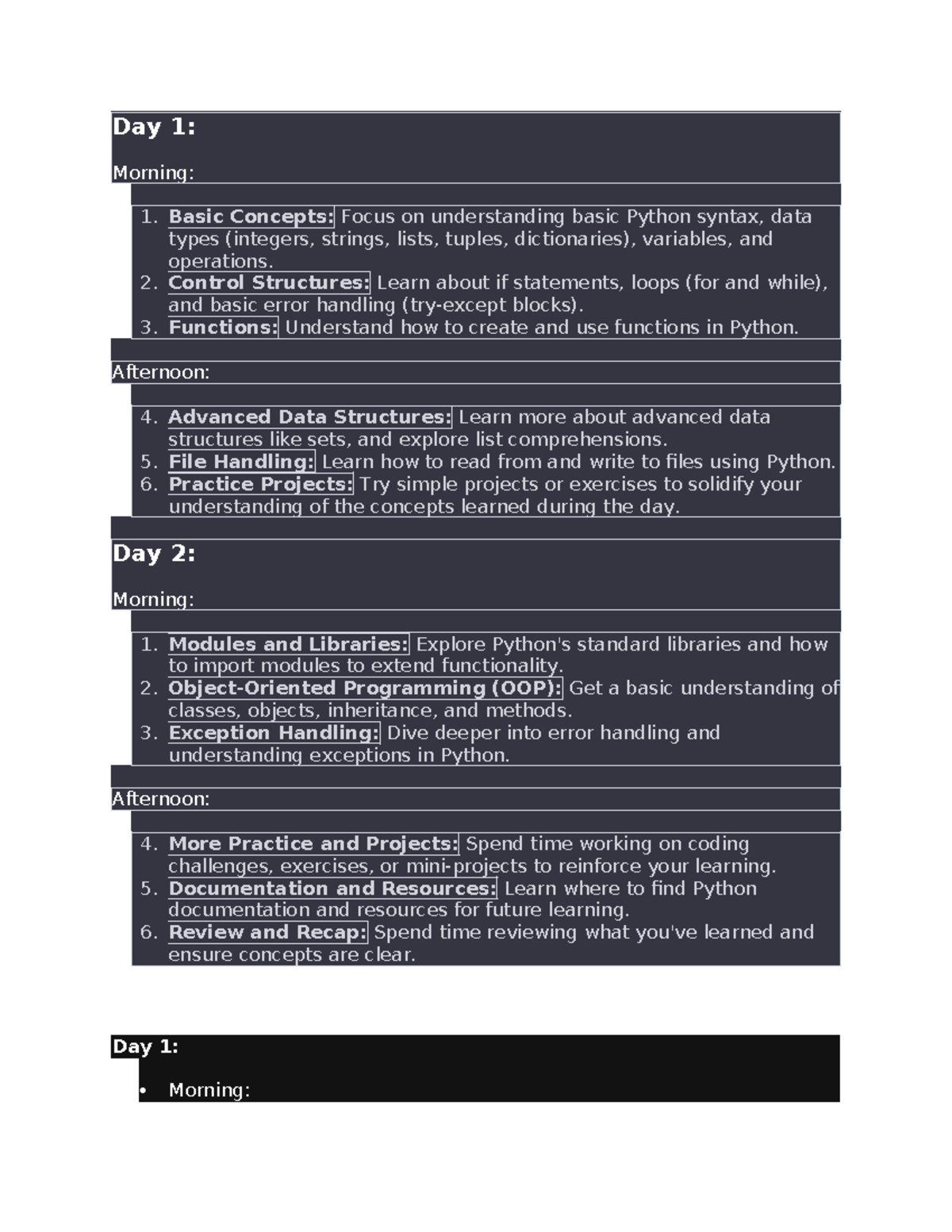 Python Shedule2 - Day 1: Morning: 1. Basic Concepts: Focus on understanding basic Python syntax ...