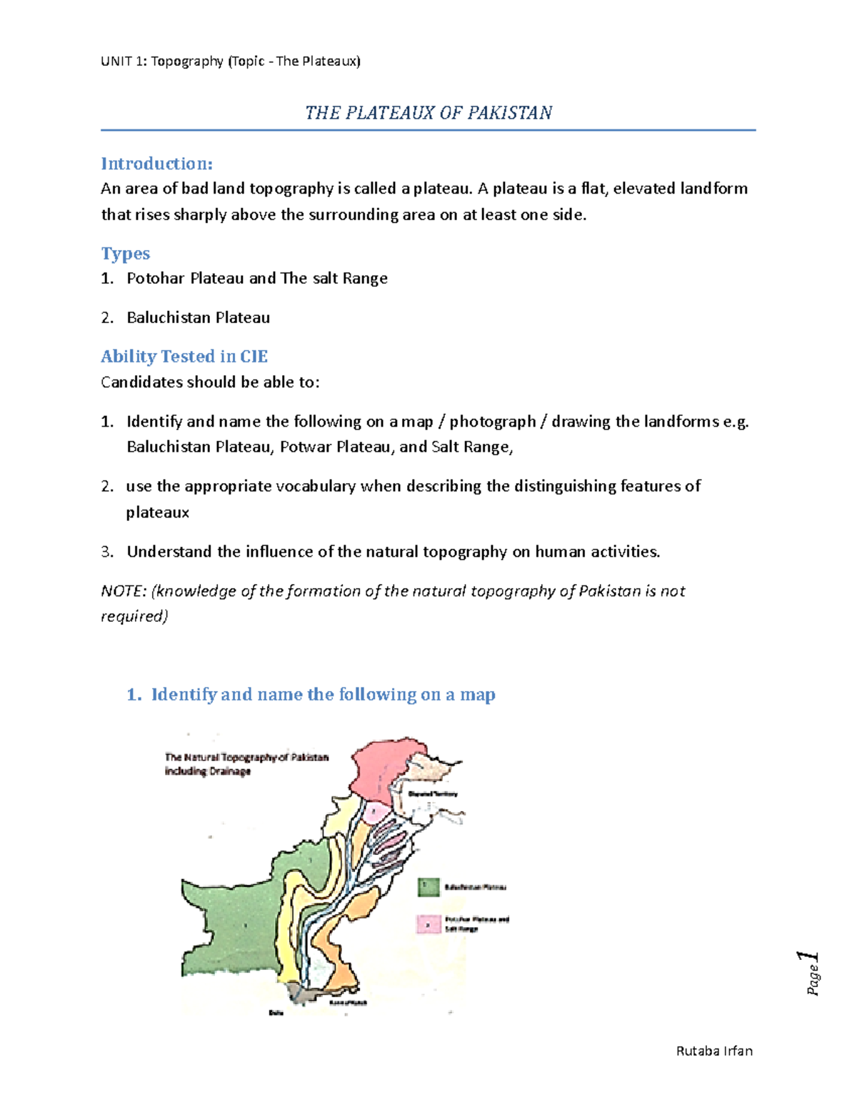 Plateaux of Pakistan - UNIT 1: Topography (Topic - The Plateaux) THE ...