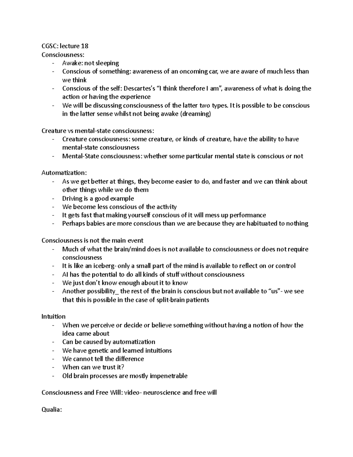 CGSC lecture 18, 19 - cgsc fall 2020 - CGSC: lecture 18 Consciousness ...