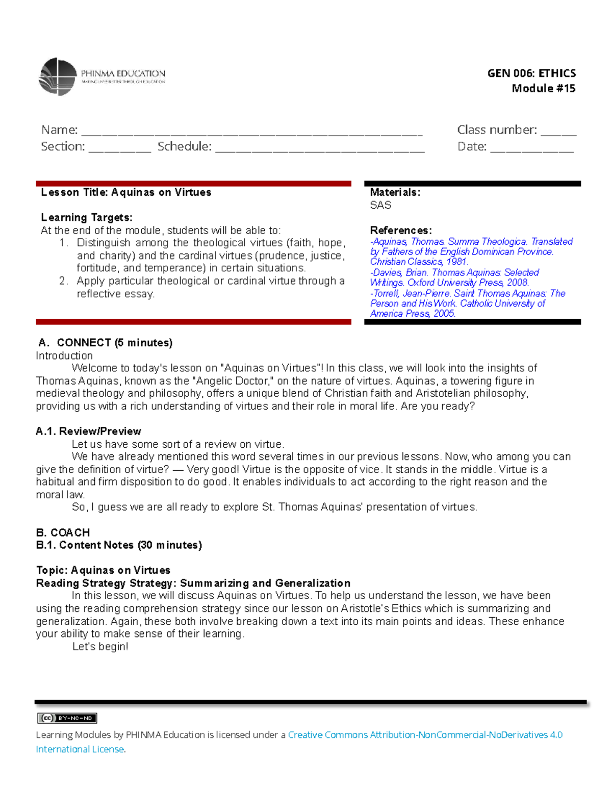 GEN-006 SAS-15 - ETHICS LESSON 15 - Module Name: - Studocu