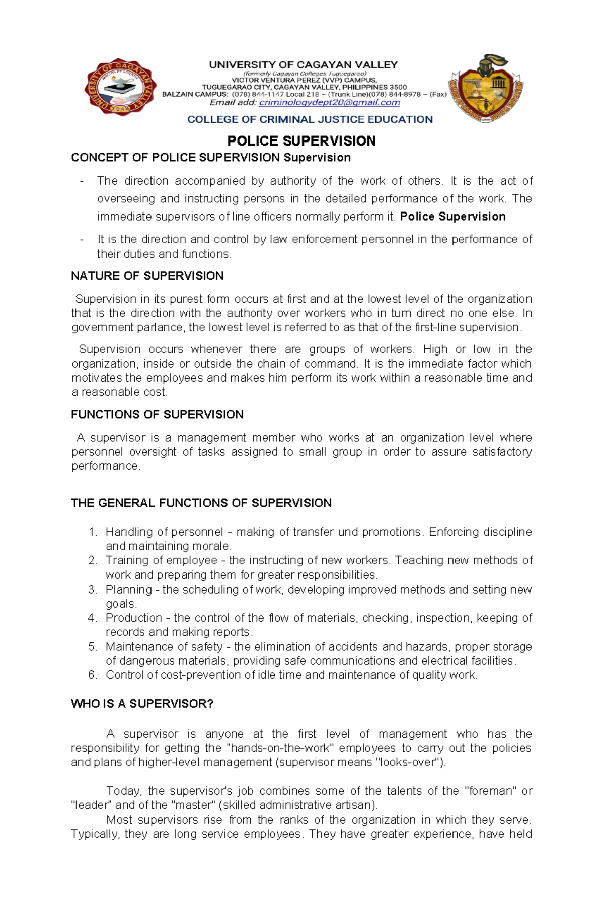 LEA 105 Prelim Coverage 1 - POLICE SUPERVISION CONCEPT OF POLICE ...
