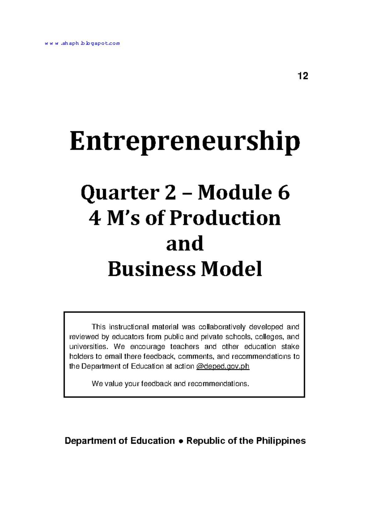 MOD 6 4Ms of Production and Business - Entrepreneurship Quarter 2 ...