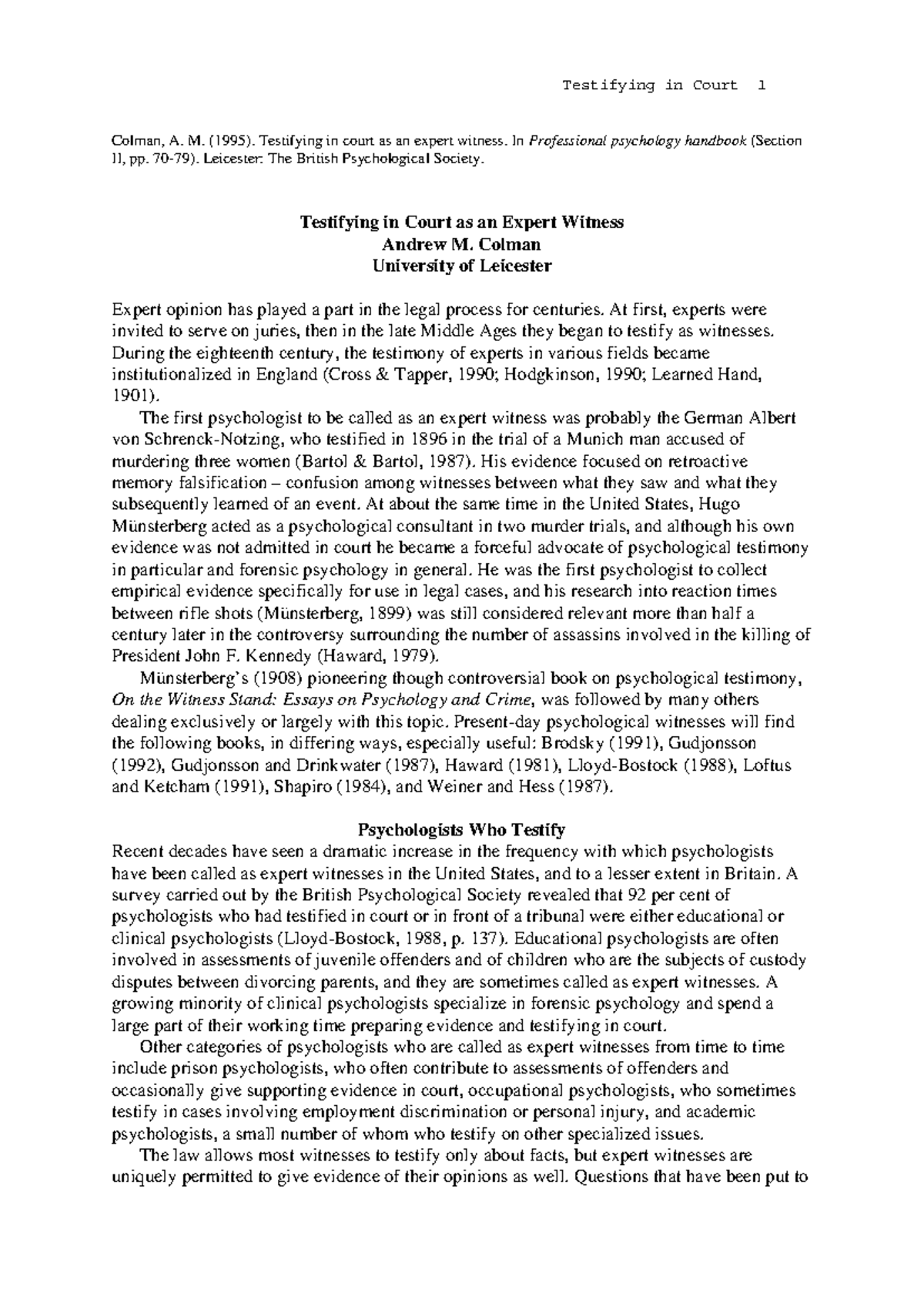 Testifying in Court - nm, - Colman, A. M. (1995). Testifying in court ...