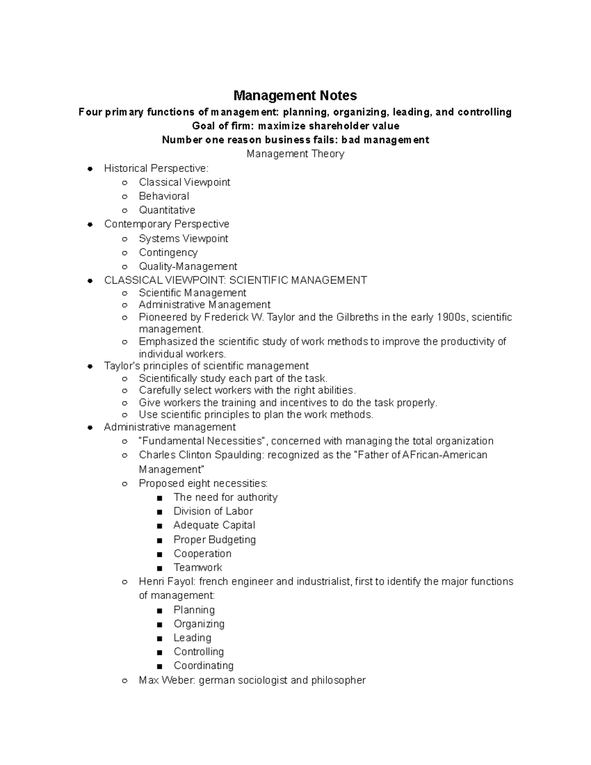 Management Notes - Ronald Larson - Management Notes Four primary ...