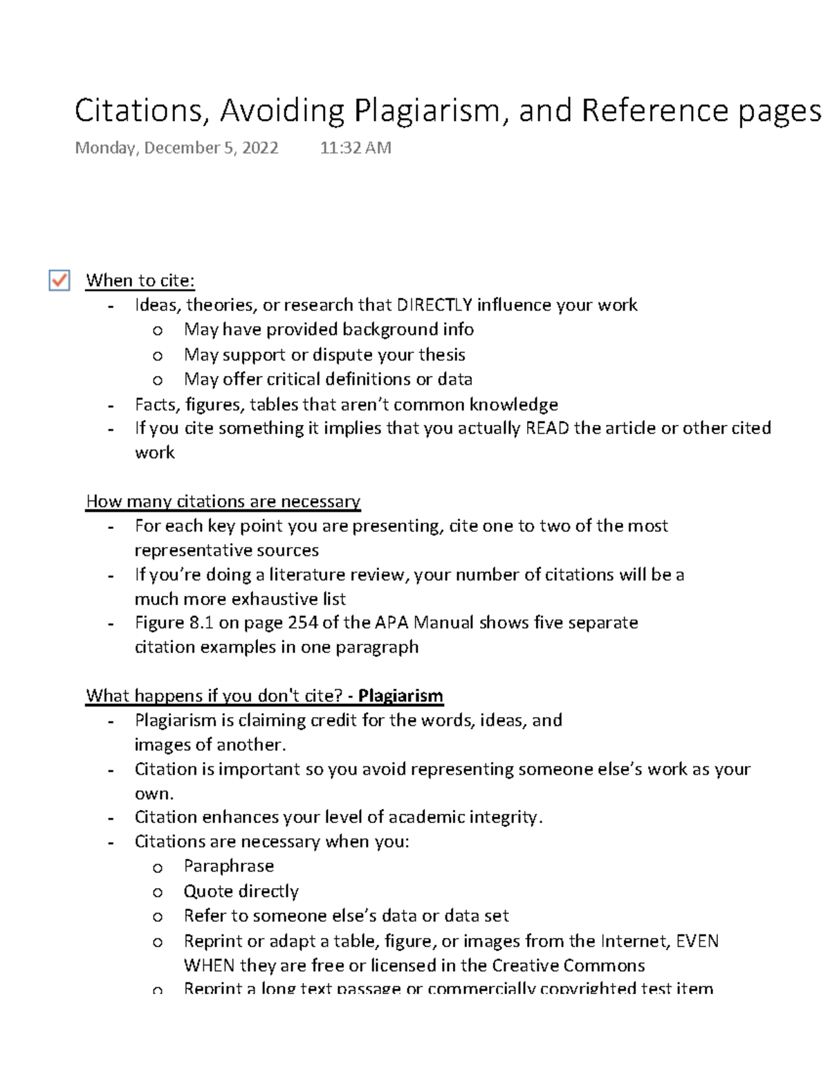 Citations, Avoiding Plagiarism, and Reference pages - When to cite ...