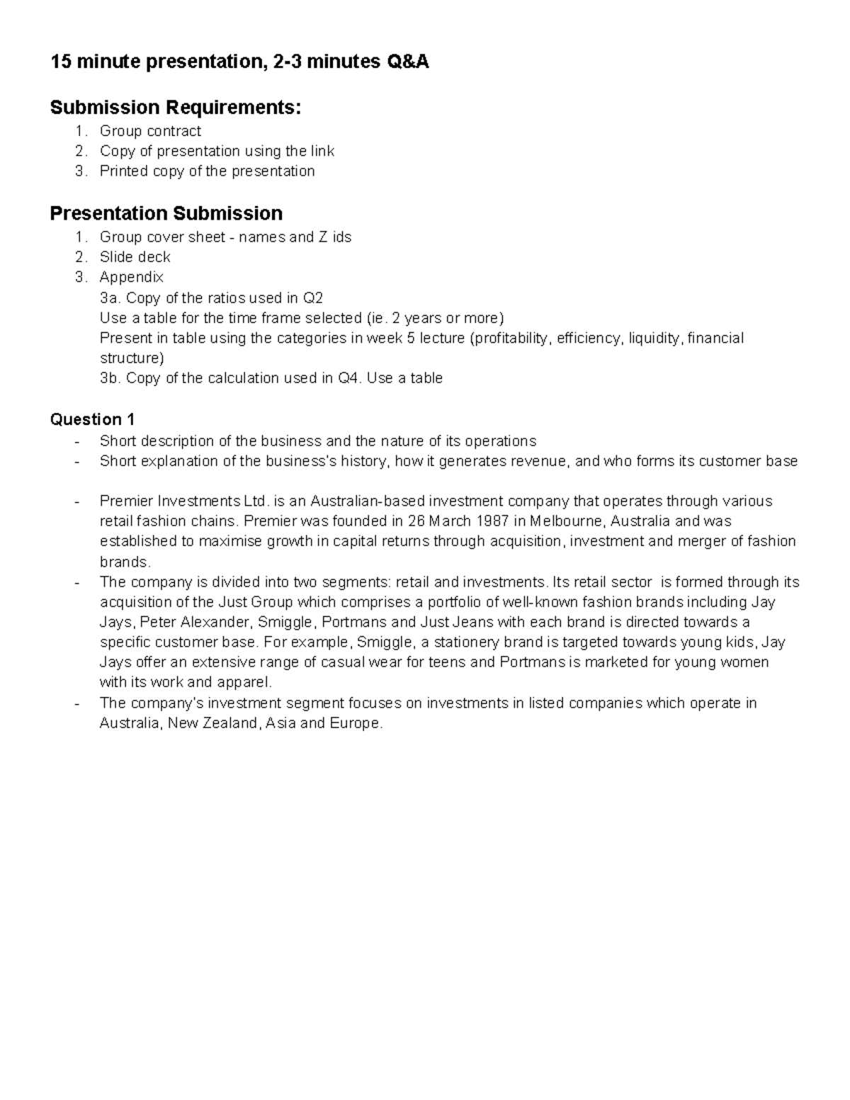 Group Assignment - 15 minute presentation, 2-3 minutes Q&A Submission ...