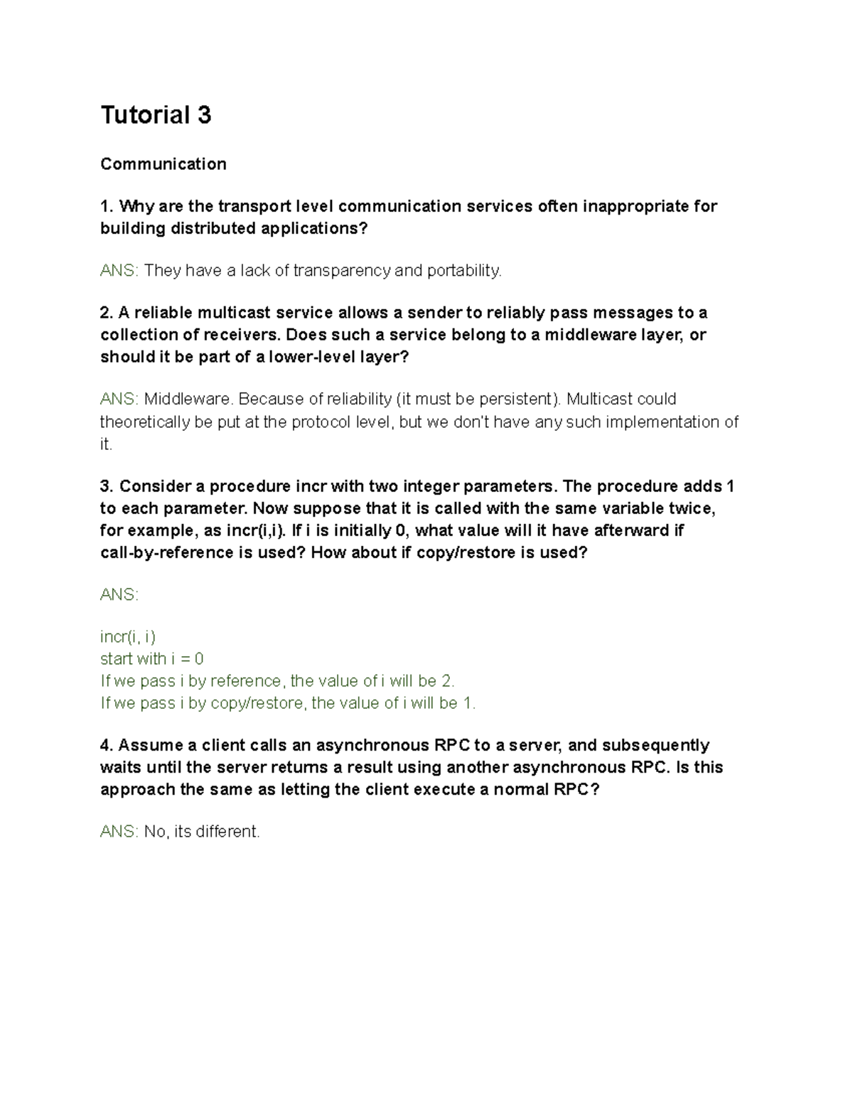 Tutorial work 3, Questions and answers rn - Tutorial 3 Communication ...