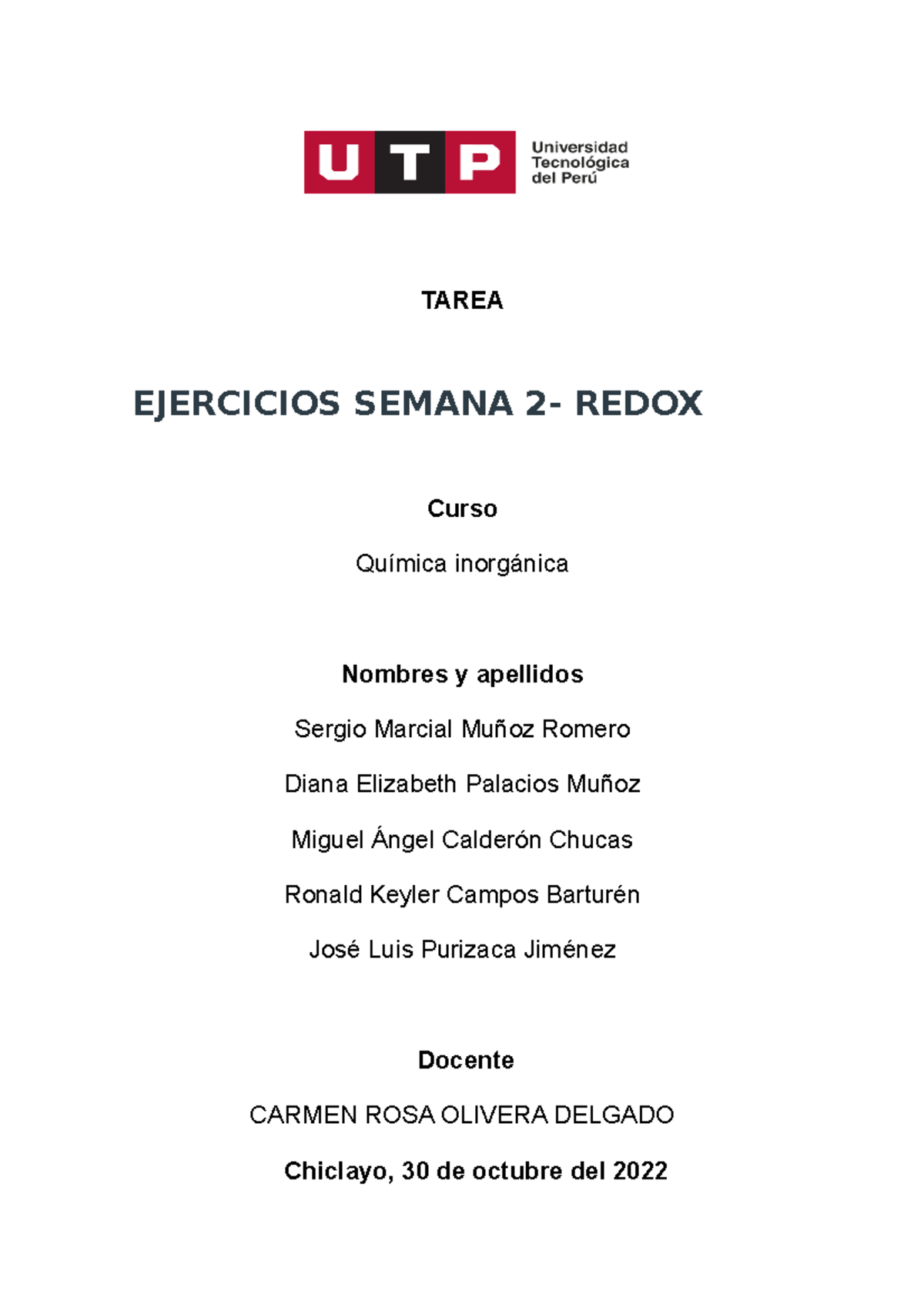 Tarea semana 2 - método de redox - TAREA EJERCICIOS SEMANA 2- REDOX Curso Química inorgánica ...