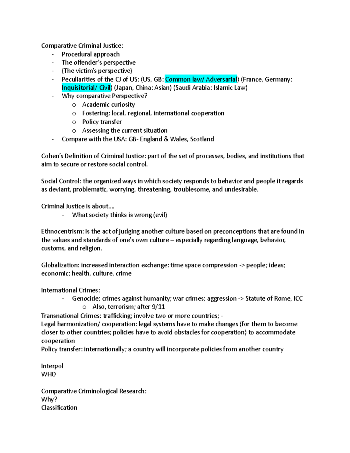 Political Science - Lecture notes ALL LECTURES - Comparative Criminal ...