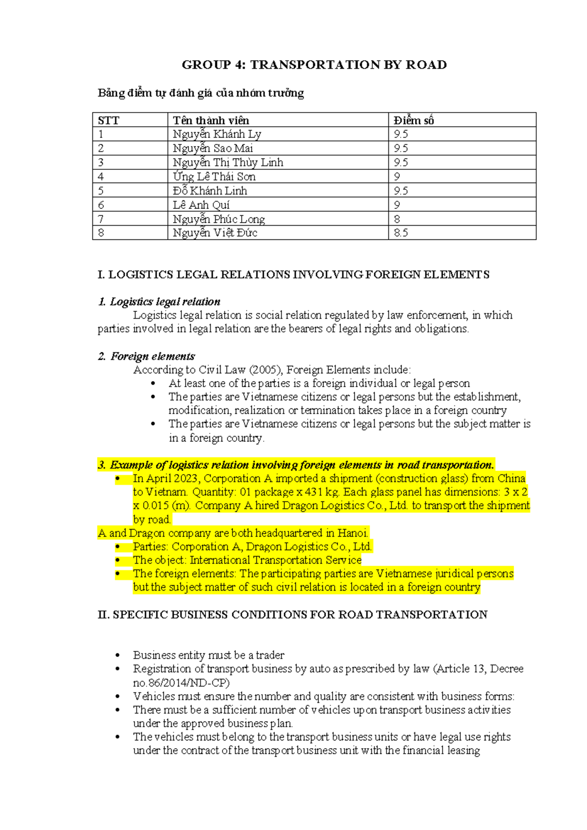 Group-4 assignments - GROUP 4: TRANSPORTATION BY ROAD Bảng điểm tự đánh ...