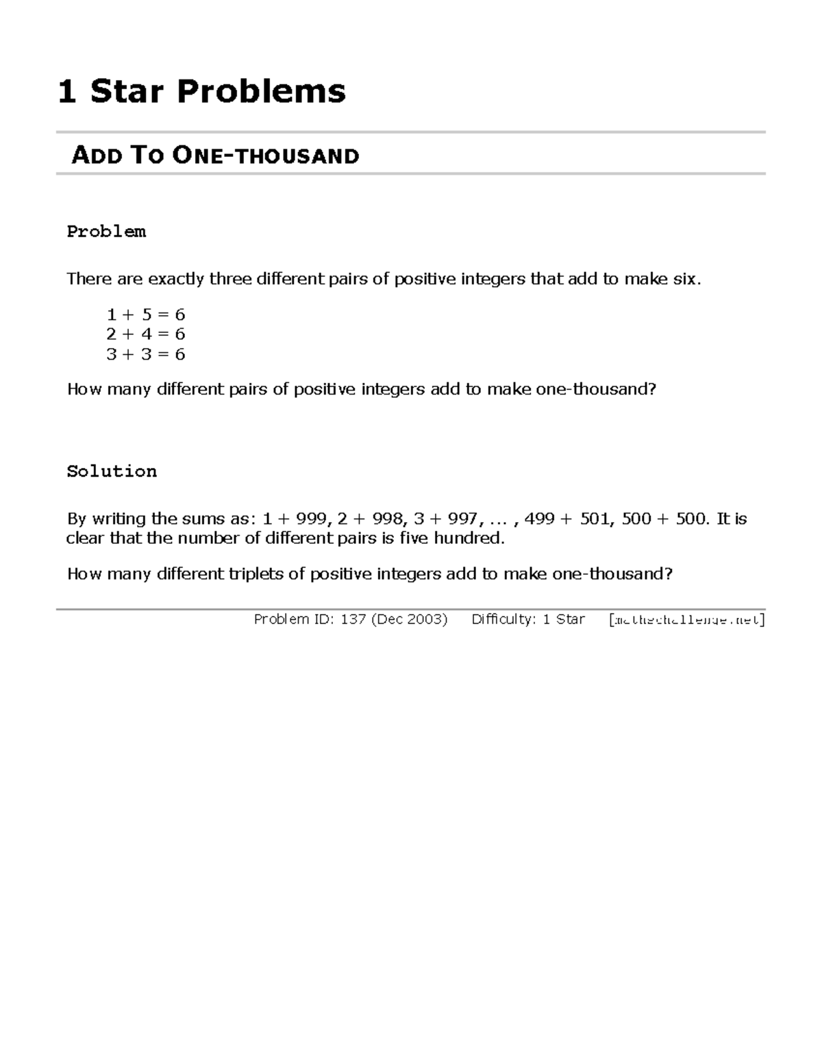 Mathschallenge 1 star - Useful for primary kids. - 1 Star Problems ADD ...