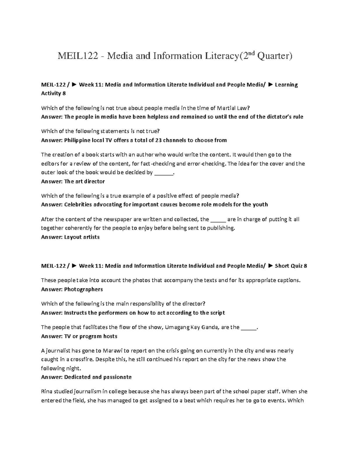 2nd quarter exam - MEIL122 - Media and Information Literacy(2nd Quarter ...