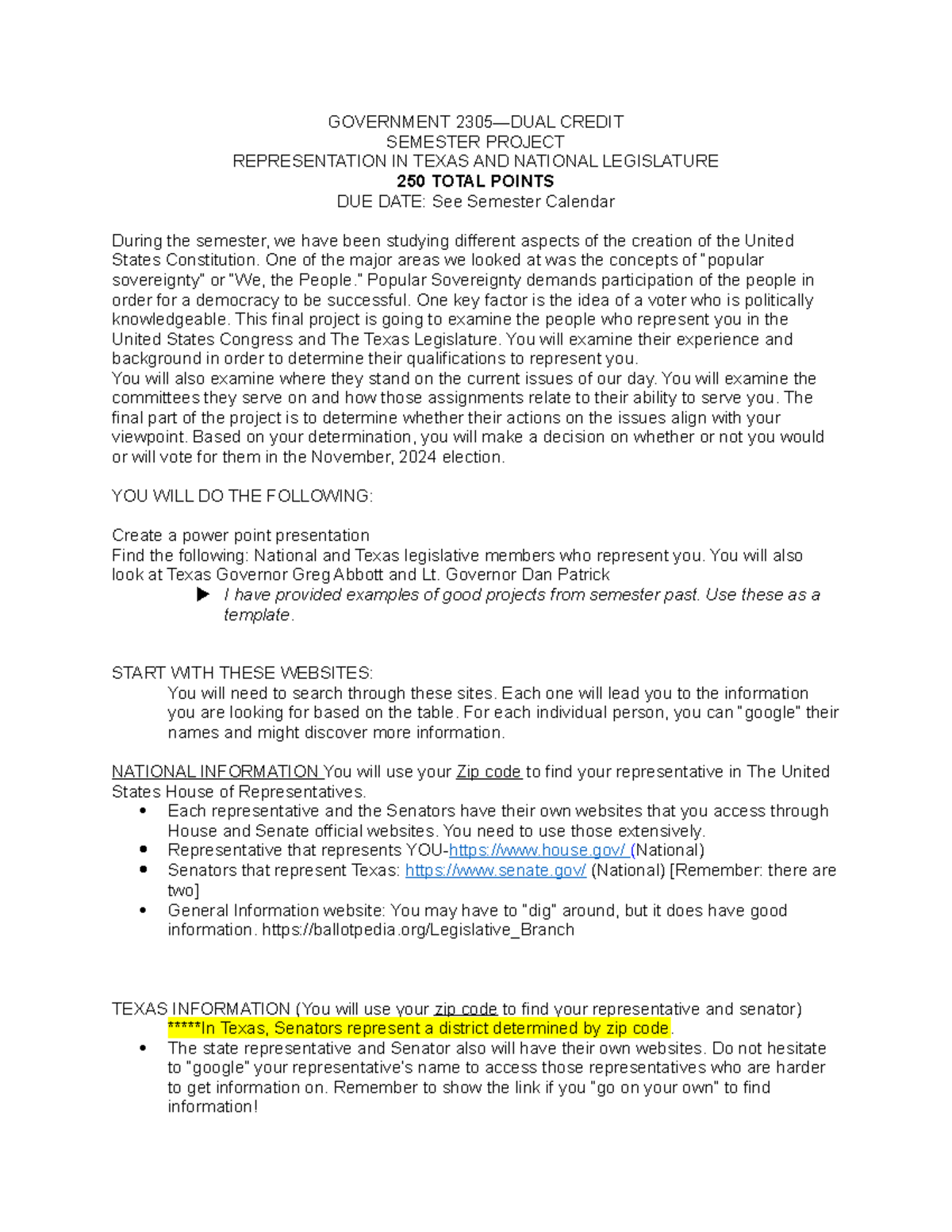 Revised 2023 24 DUAL Credit Final Semester Project OVER Representation ...