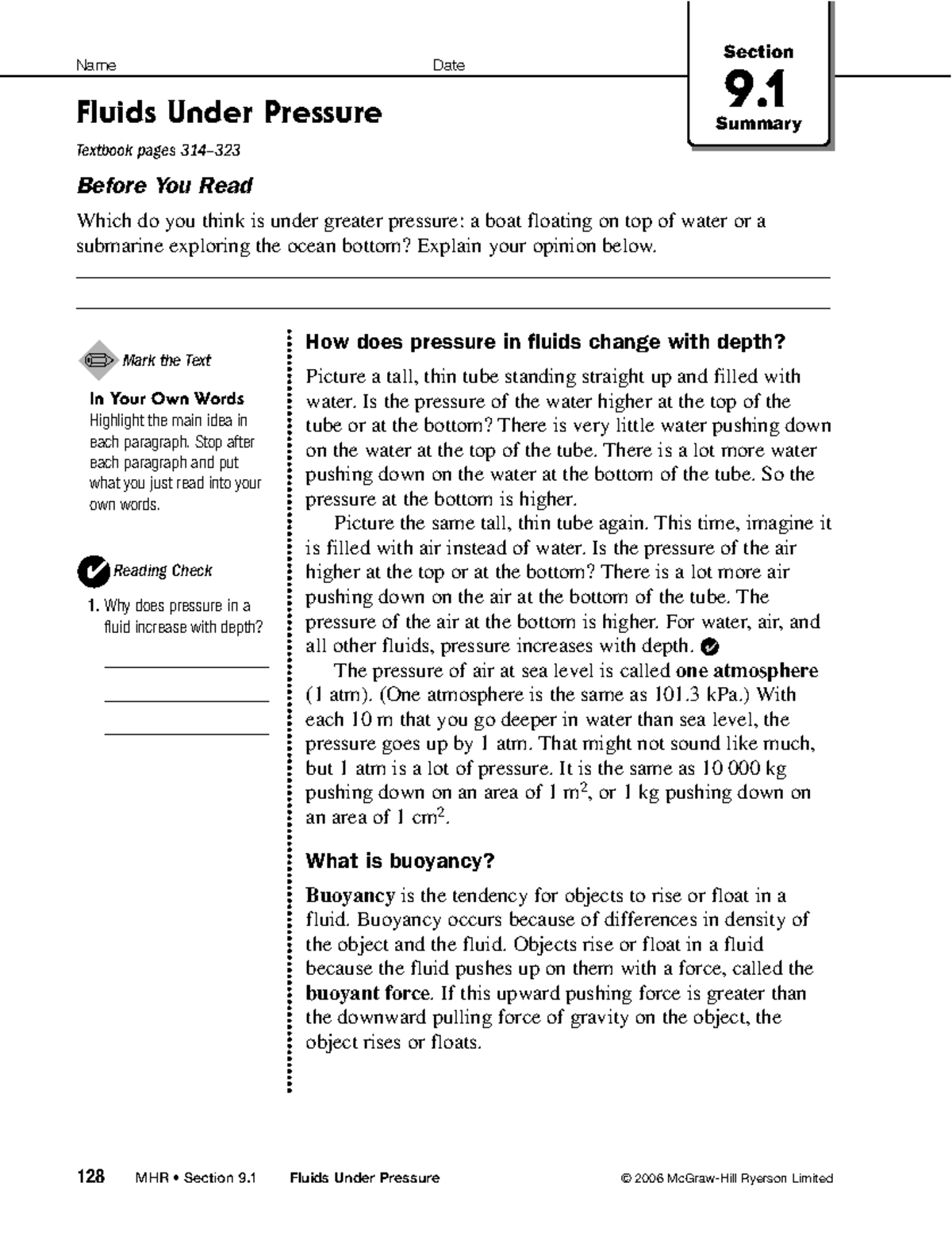 9.1 Wbk - lesson - 128 MHR • Section 9 Fluids Under Pressure © 2006 ...