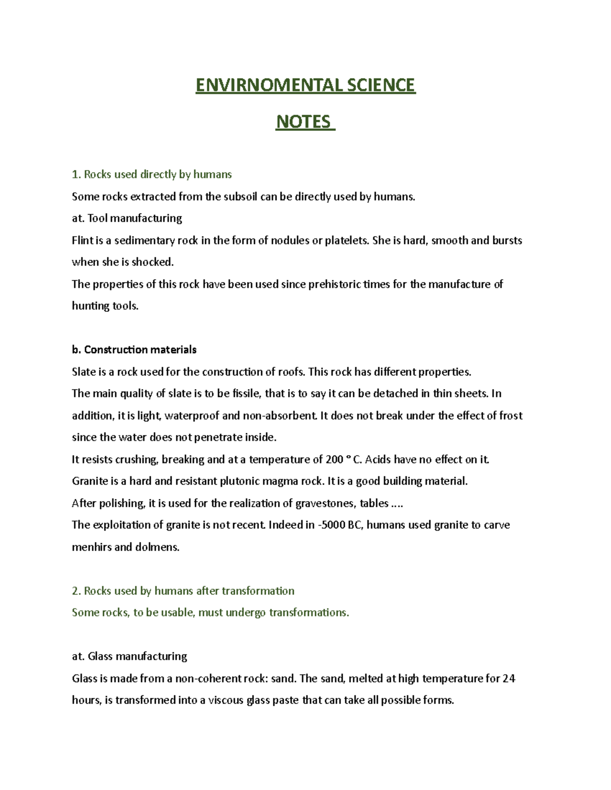 Envirnomental Science - ENVIRNOMENTAL SCIENCE NOTES Rocks used directly ...