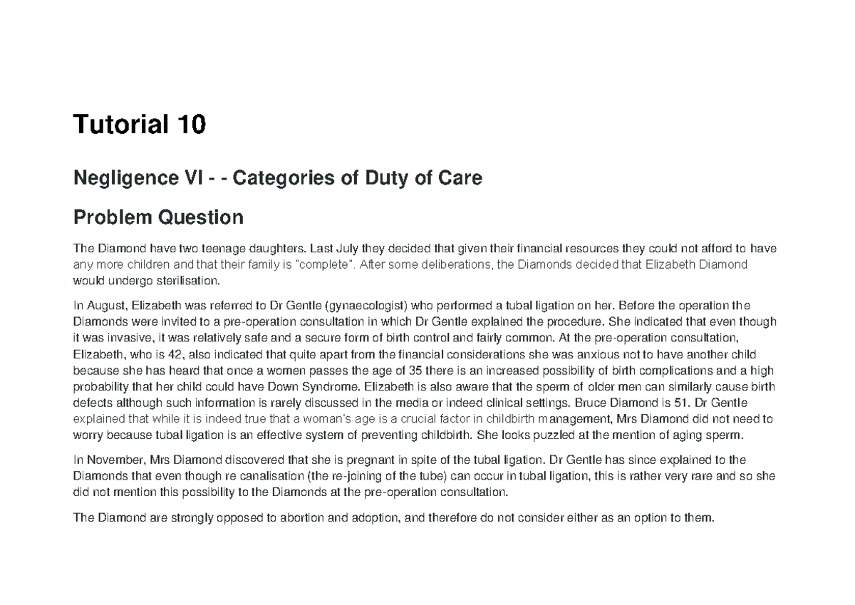 Tutorial 10 - Tutorial 10 Negligence VI - Categories of Duty of Care Problem Question The ...