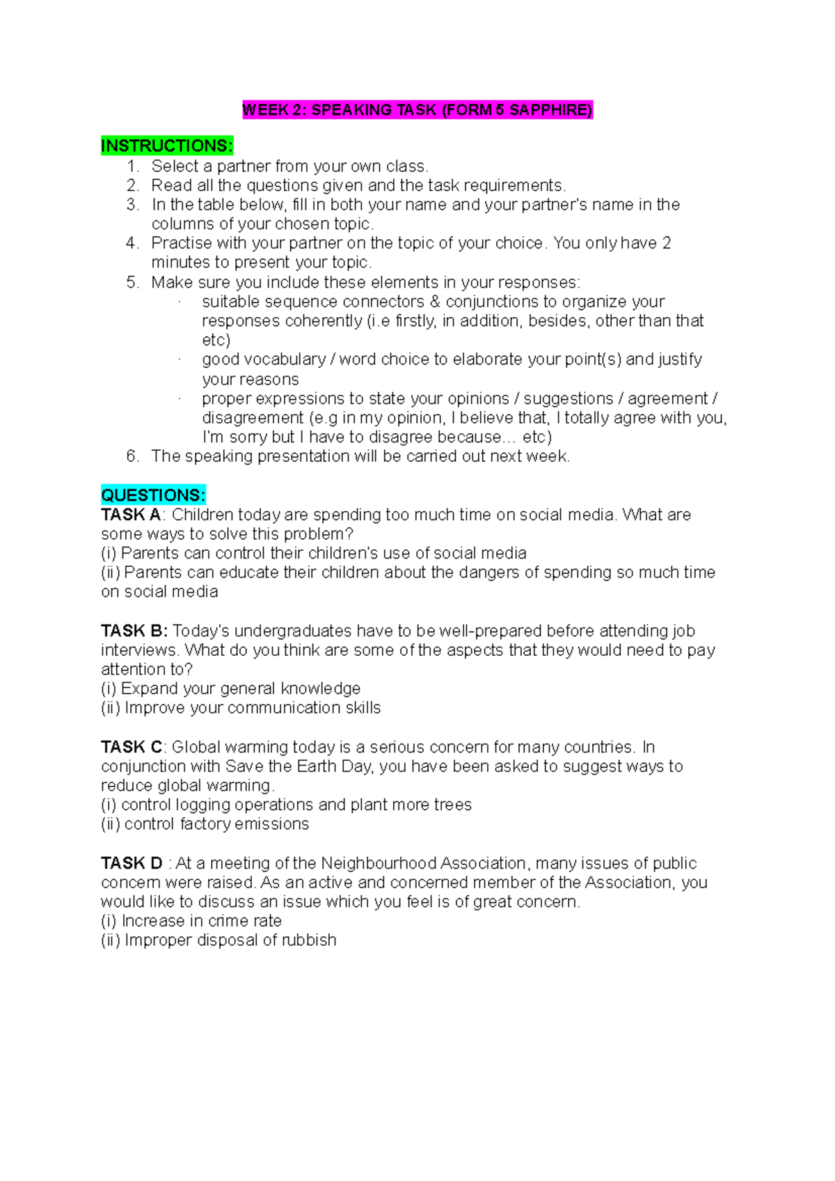WEEK 2 Speaking TASK FORM 5 - WEEK 2: SPEAKING TASK (FORM 5 SAPPHIRE ...