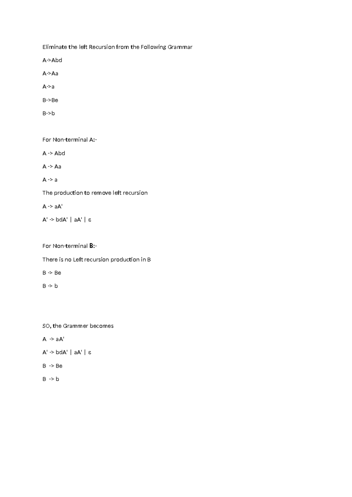ATCD assignment - Eliminate the left Recursion from the Following Grammar A->Abd A->Aa A->a ...