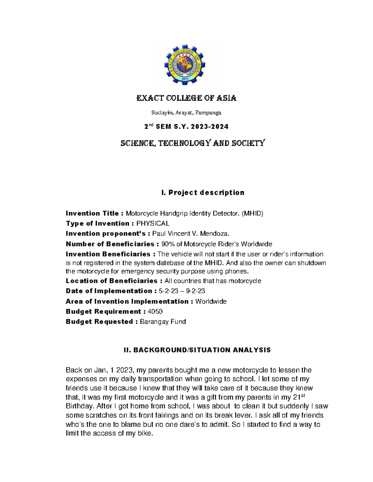 Exact college of Asia - INVENTIONS BUSINESS PLAN - Exact college of ...