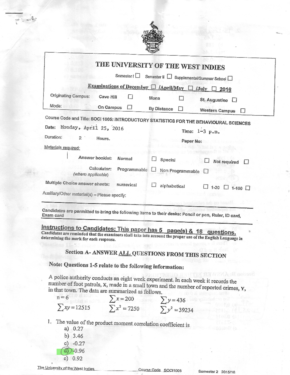 2016 Statistics past paper - Introduction to Statistics for the ...