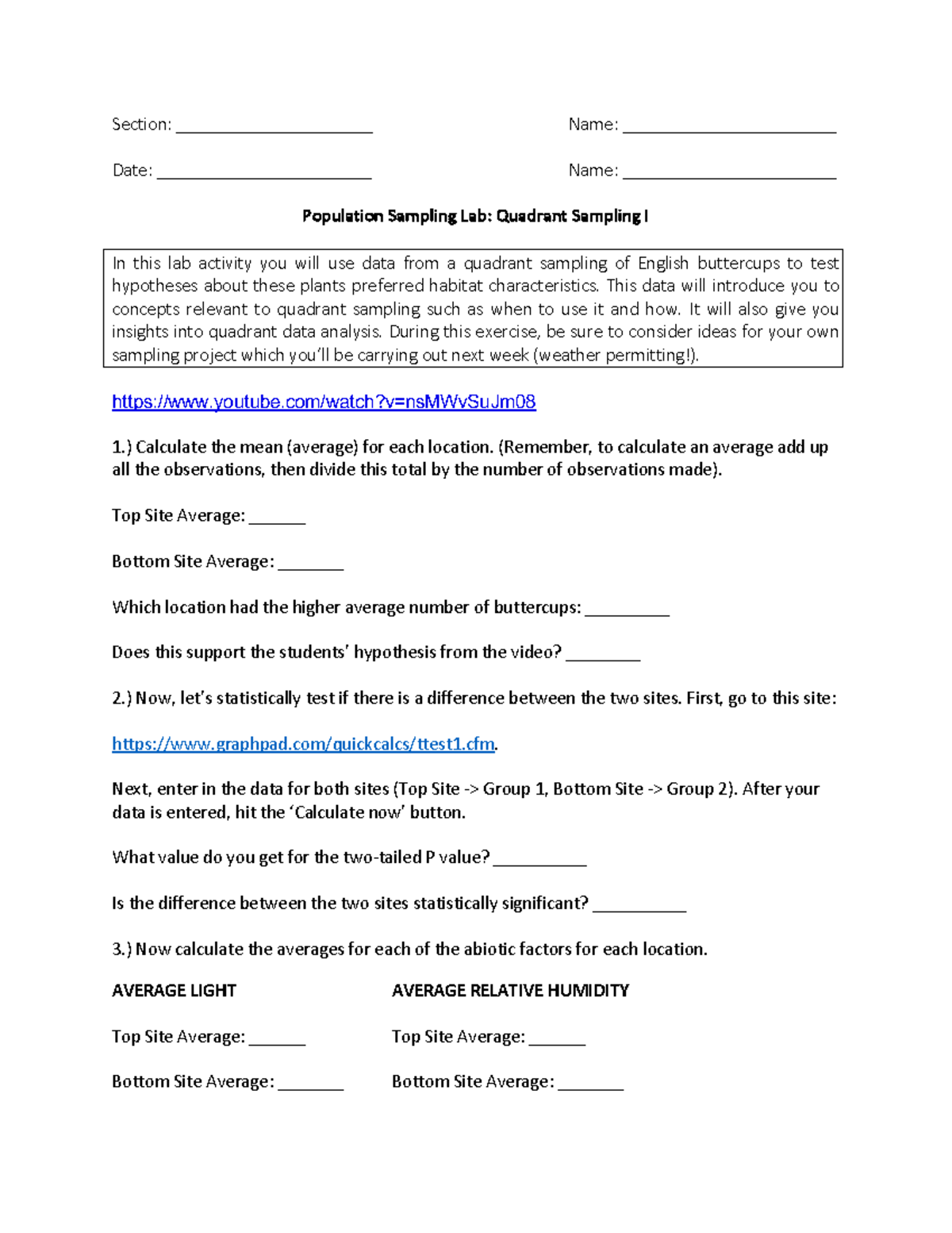LAB 5 quadrant sampling worksheet pt 1 - Warning: TT: undefined function: 32 Sec tion: - Studocu